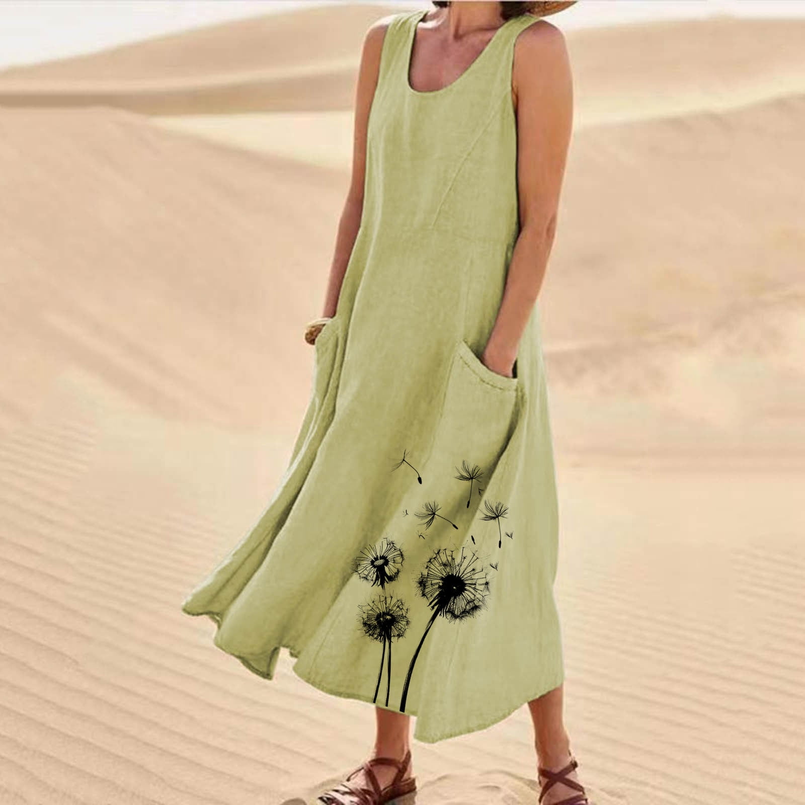 Dianli Summer Women's Casual Boho Dress Sleeveless Round-Neck Pocket ...