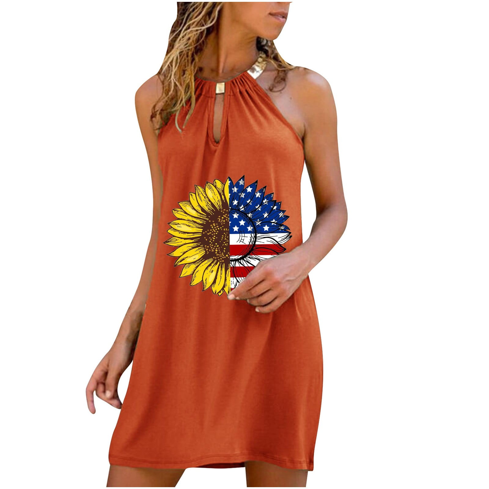 Dianli Sundresses For Women Sexy Keyhole Off Shoulder Metal Hanging Independence Day Patriotic