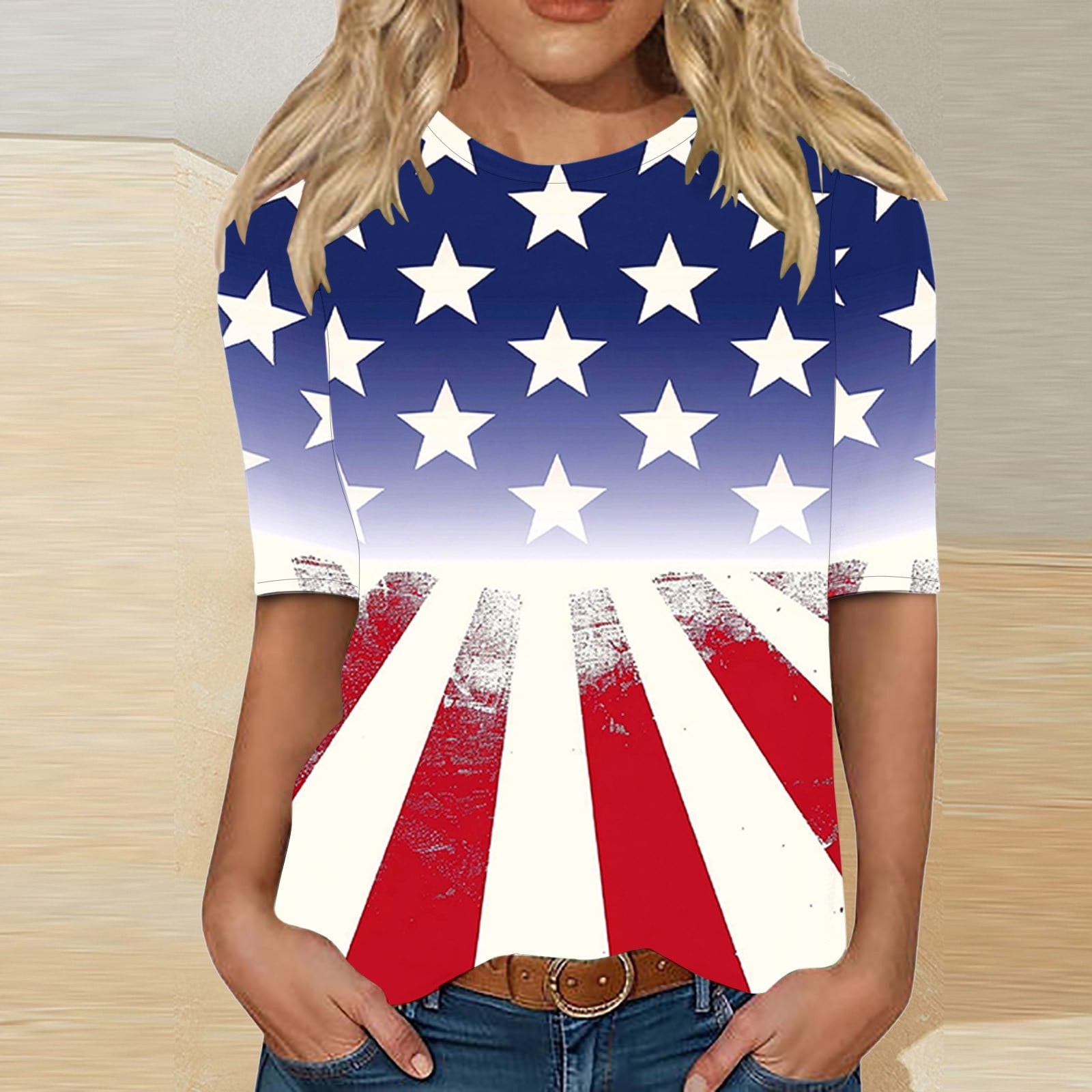 Dianli Red White Blue USA Flag Summer Tops for Women 2025 T-Shirts Crew ...