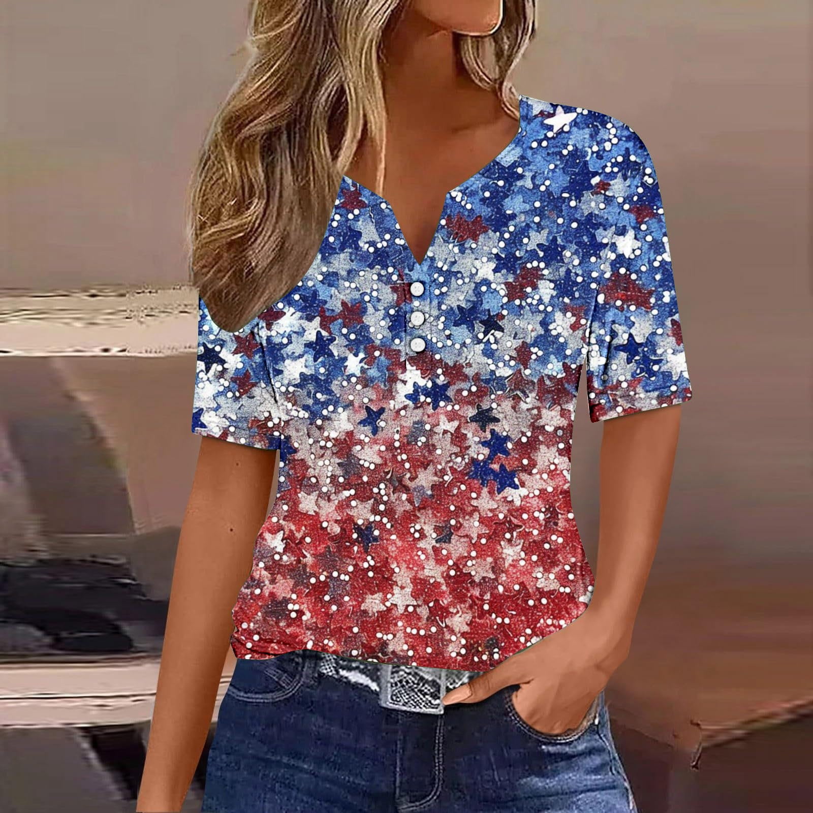 Dianli USA Flag Stars Stripes Print Summer Tops for Women 2025 T-Shirts V Neck Summer Beach ...