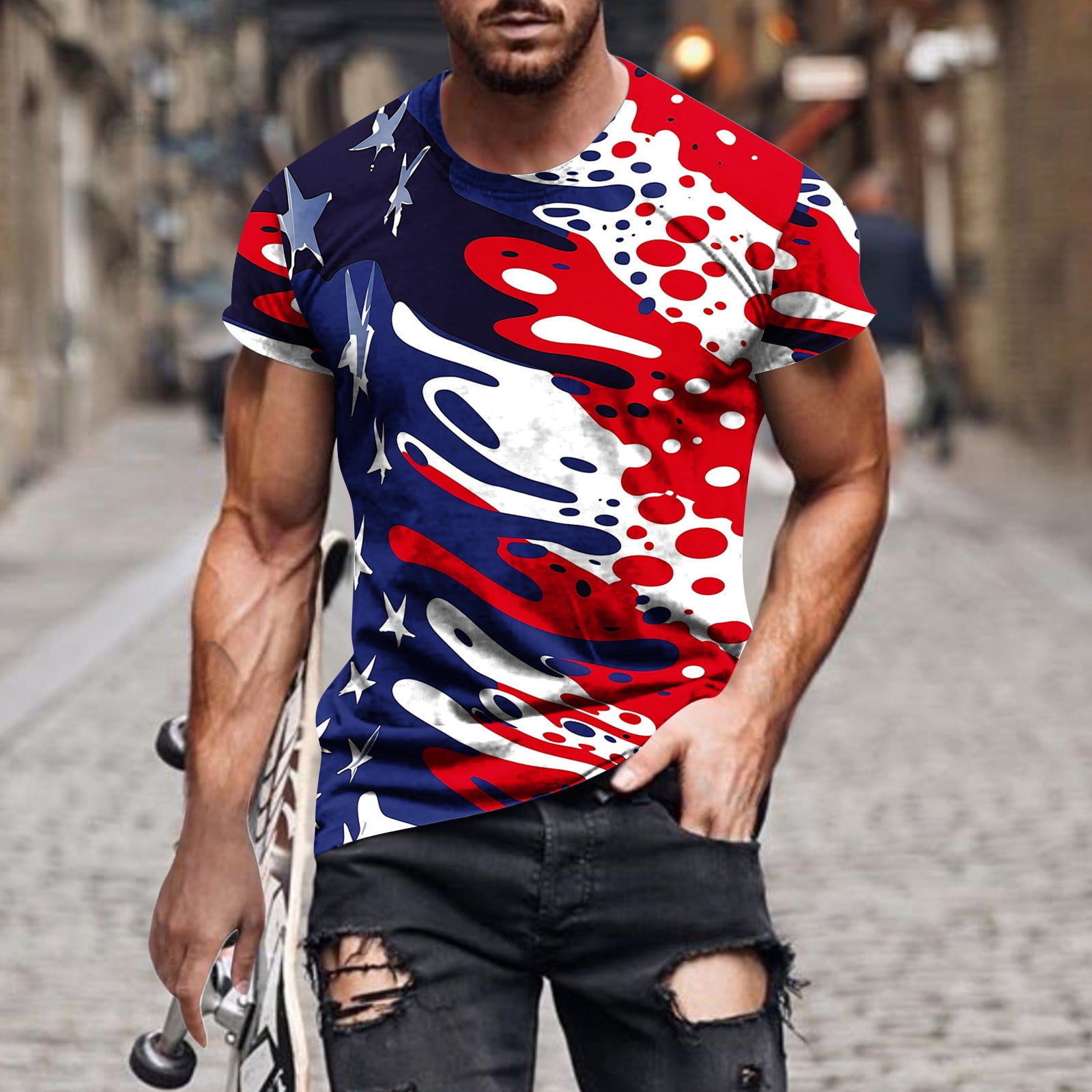 Dianli USA Shirt Men Tunic Crew Neck Summer Beach Vacation Loose Fit Short Sleeve Casual Funny ...