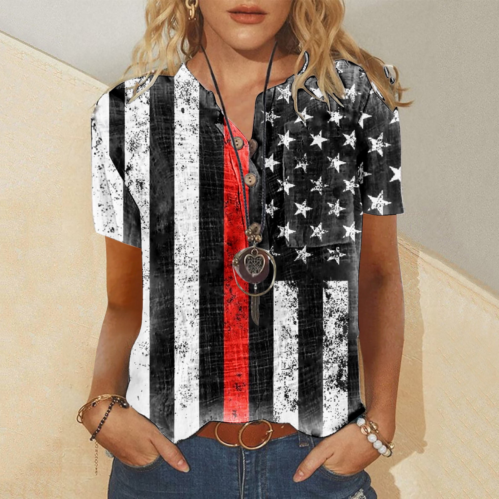 Dianli Funny USA Print Womens Summer Tops Button Crew Neck Bohemian ...