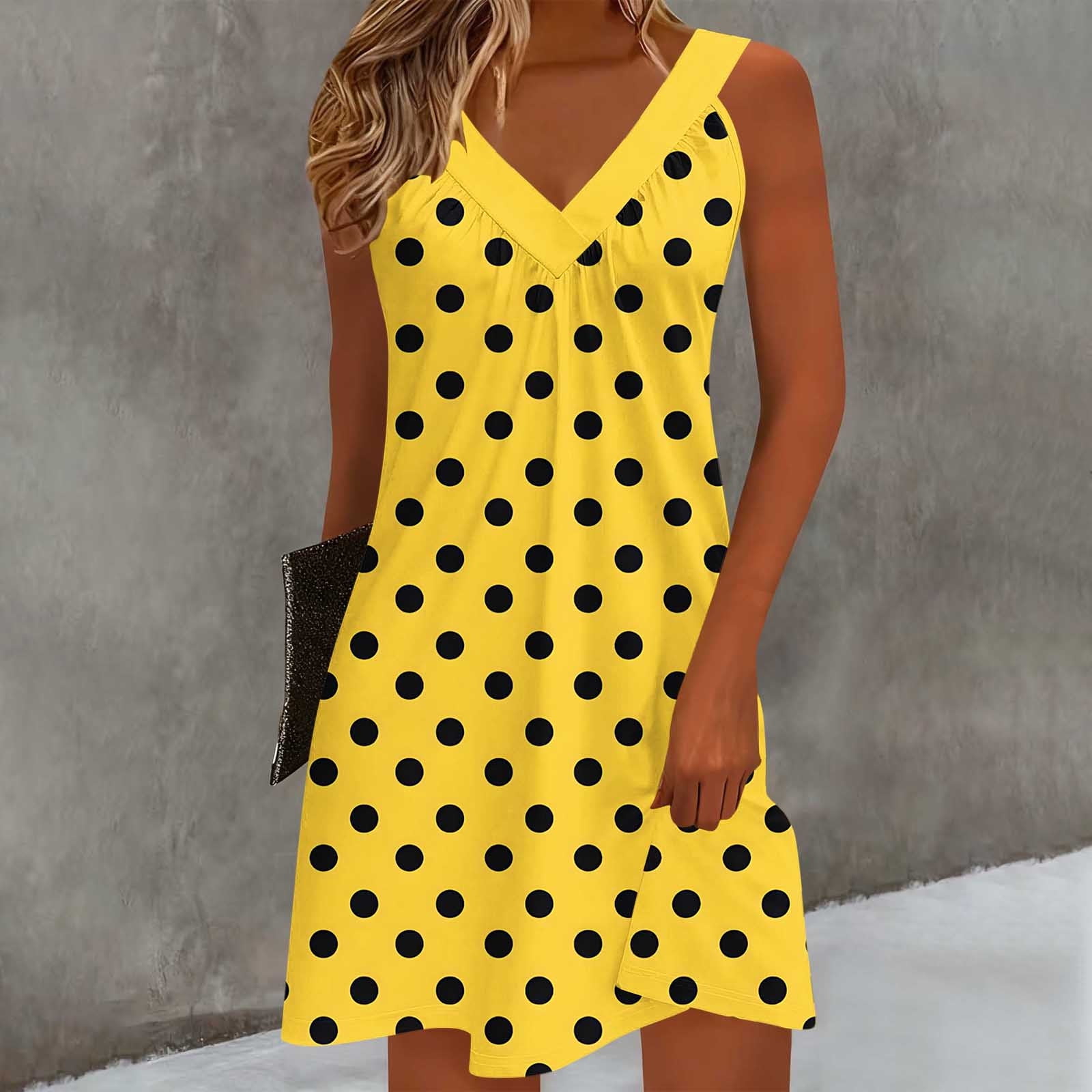 Dianli V-Neck Pleated Dress Women's Casual Polka Dot Non-Position Print ...