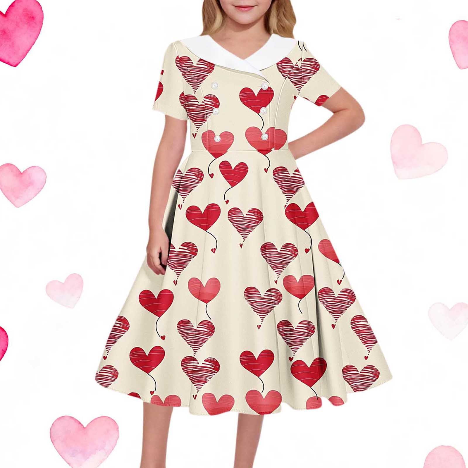 Dianli Valentine's Day Girls Dress Printed V-Neck Folded Collar Short ...