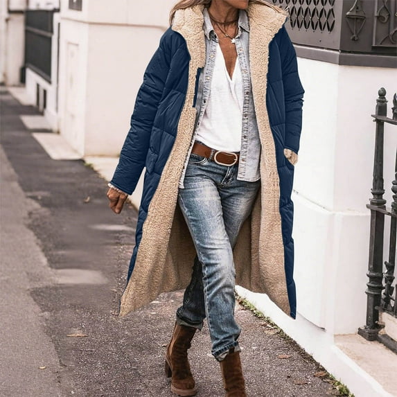 Dianli Winter Coat Reversible Women's Long Casual Loose Colorblock ...