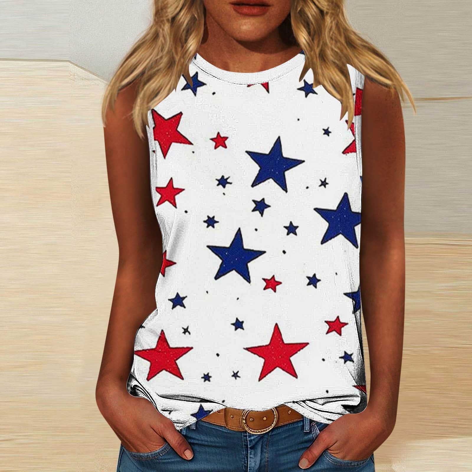 Dianli Women's Sleeveless Round Neck Tank Top Patriotic Star Splice ...