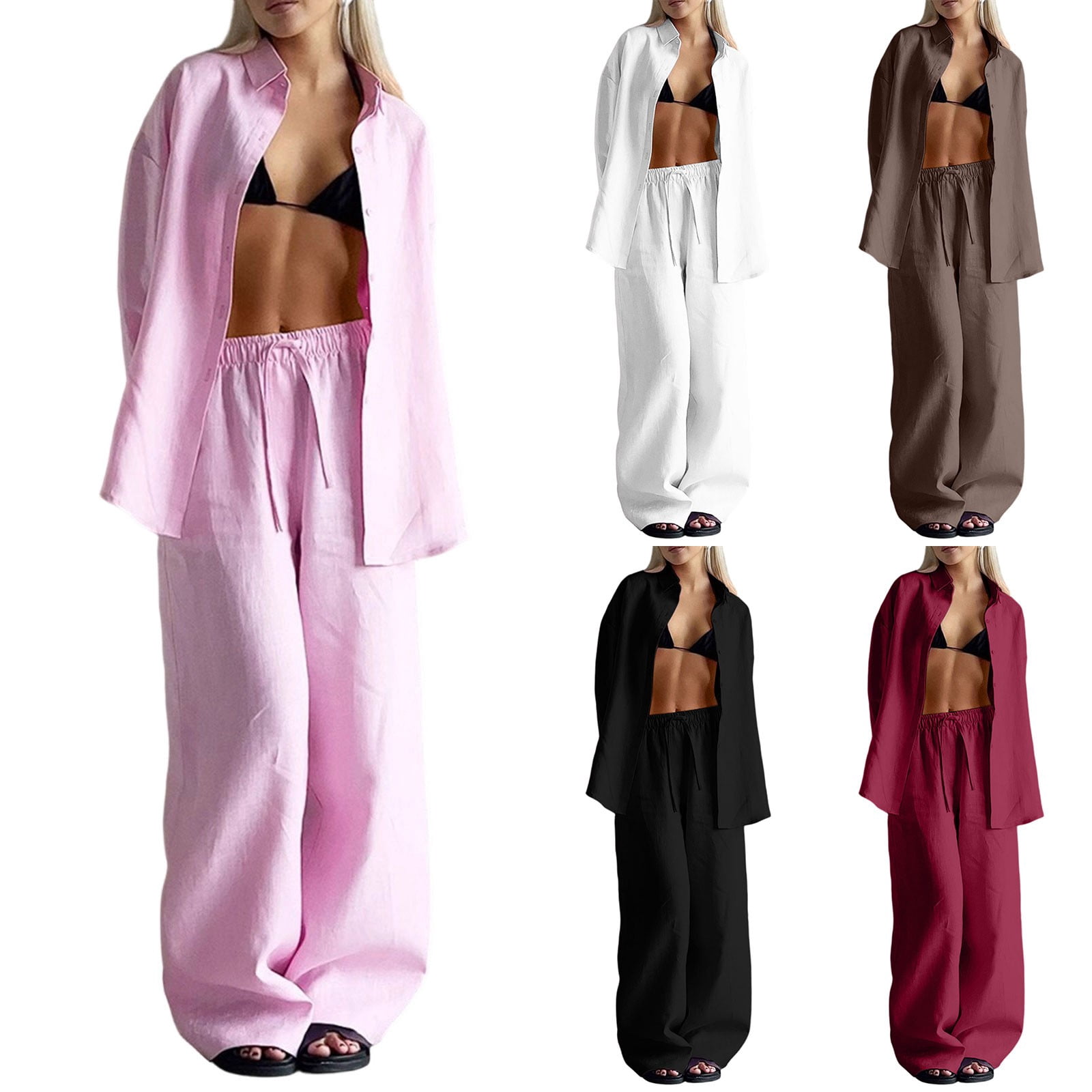 Dianli Women's Solid Color Long Sleeve Shirt with Belted Loose Pants ...