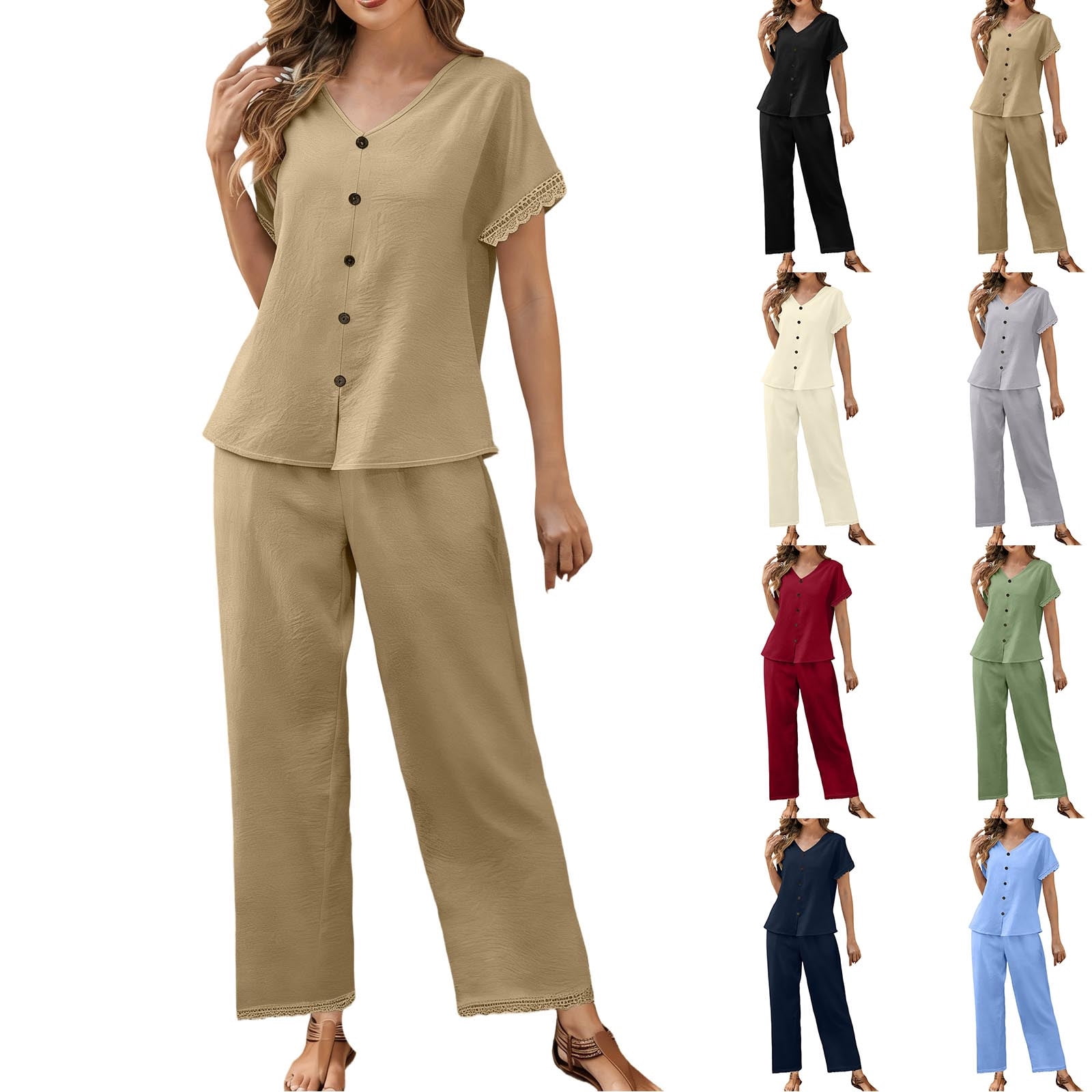 Dianli Women's Solid Color Short Sleeve Trousers with Lace, Cotton ...