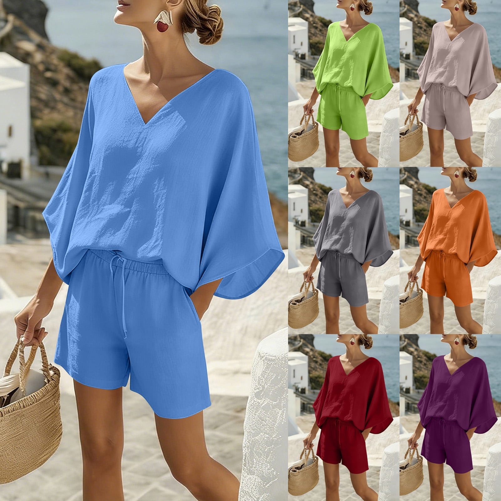 Dianli Women's Summer Solid Color V-Neck Batwing Sleeve Top with Pocket ...