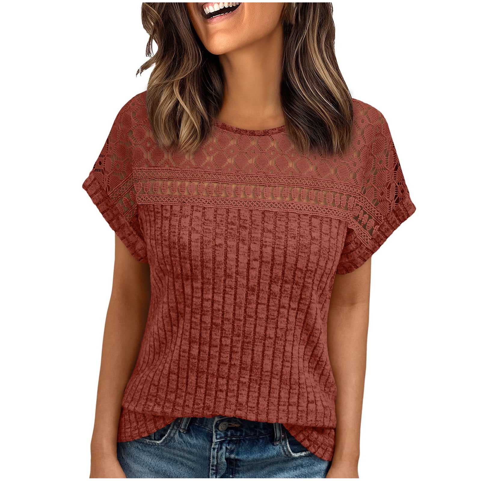 Dianli Women's Tops Pique Lace Loose T-Shirt Brushed Panel Matte ...