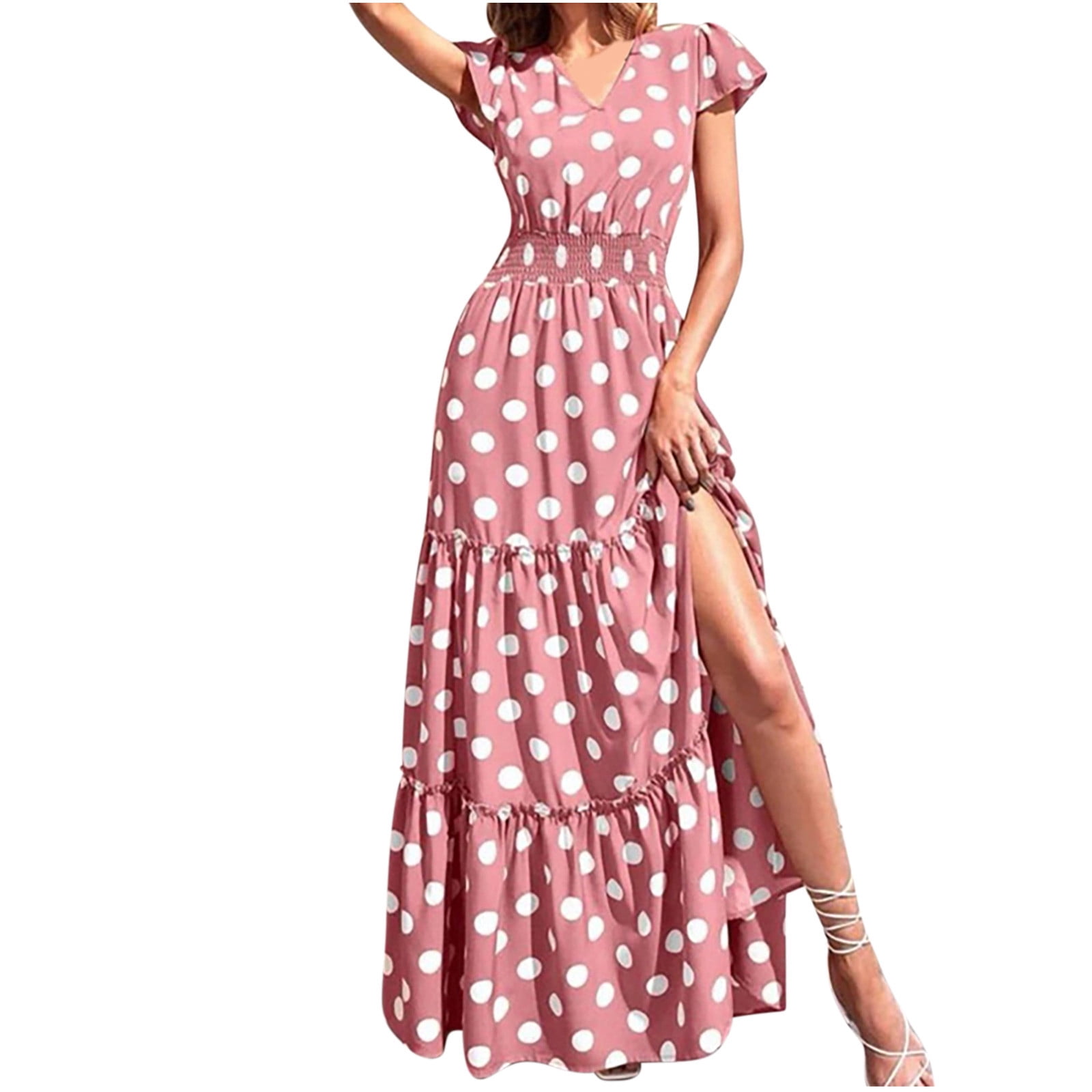 Dianli Womens Dresses V-Neck Short Sleeve Maxi Polka Dot Print Summer ...
