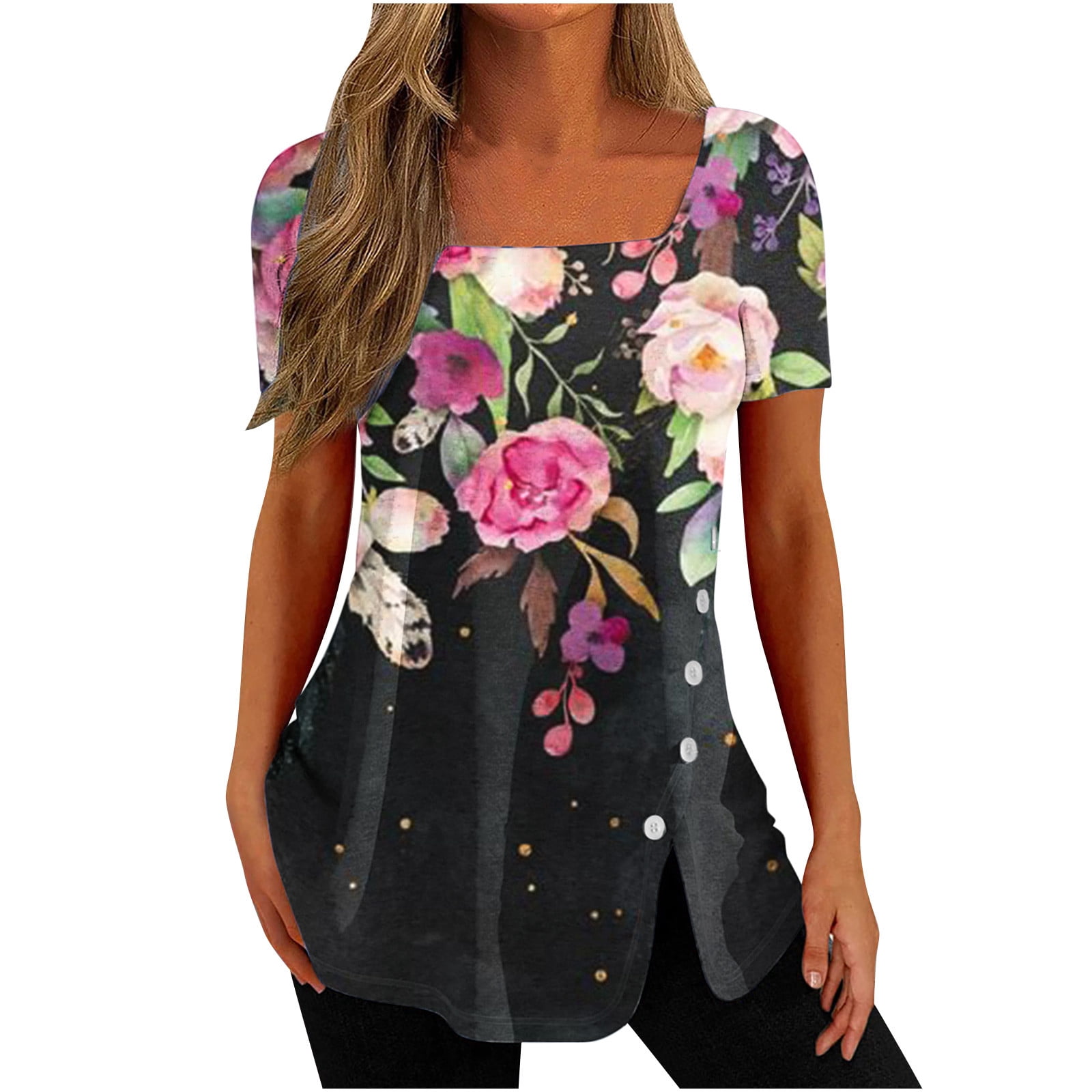 Dianli Womens Tops Dressy Casual Fashion Irregular Button Down Slit Hem ...