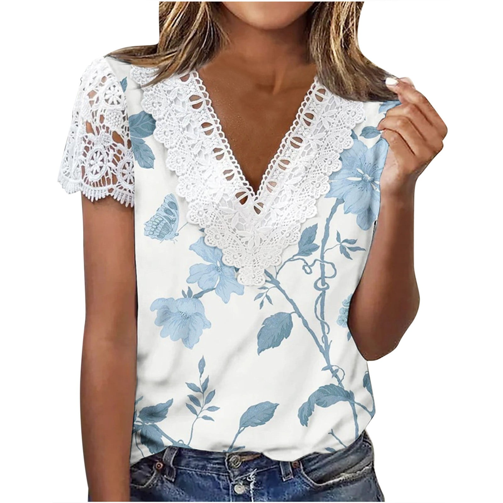 Dianli Womens Tops Dressy Casual Floral Print Fancy Lace Basic Tops ...