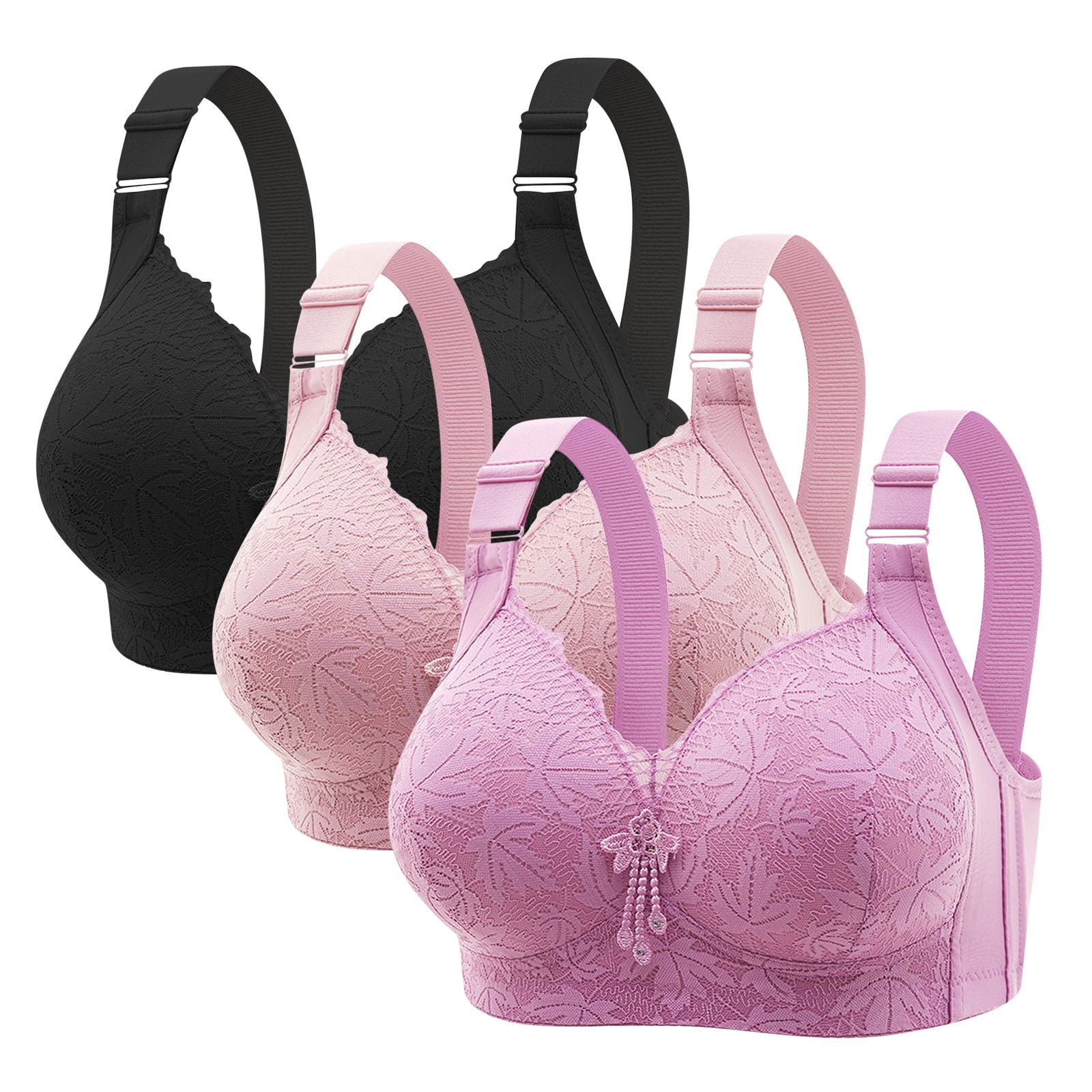 Dianli Womens Wireless Plus Size Lace Bra 3-Piece Set Mesh Front Buckle ...