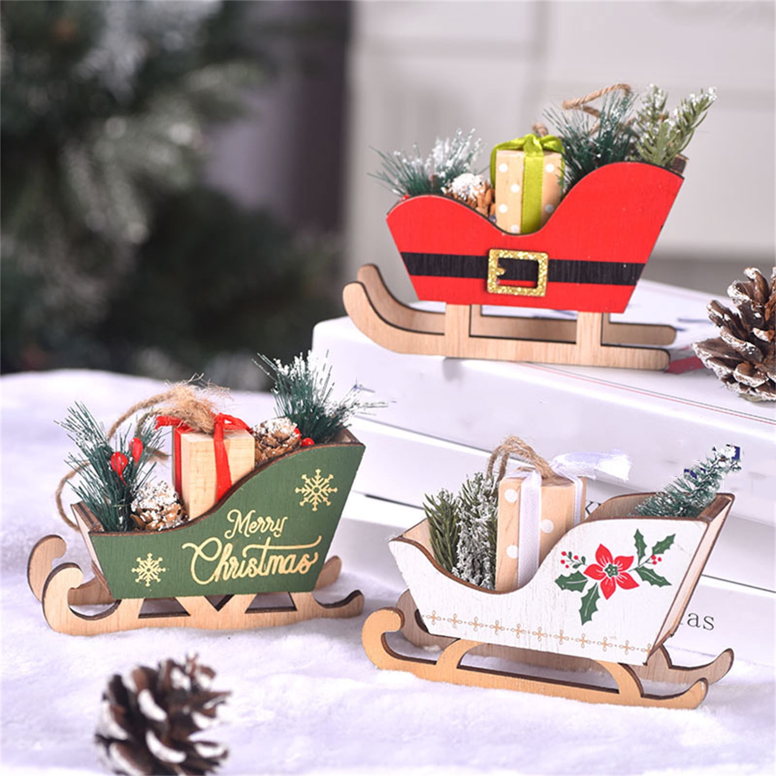 Dianli Wooden Sled Christmas Tree Ornaments - Realistic Handcrafted ...