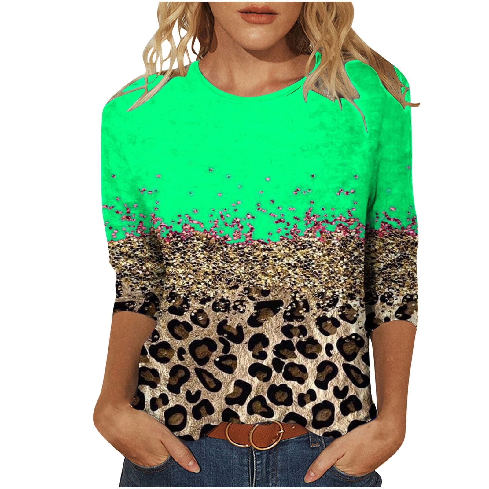 Dianli Workout Tops For Women Round Neck Tunic Leopard Print 3/4 Sleeve ...