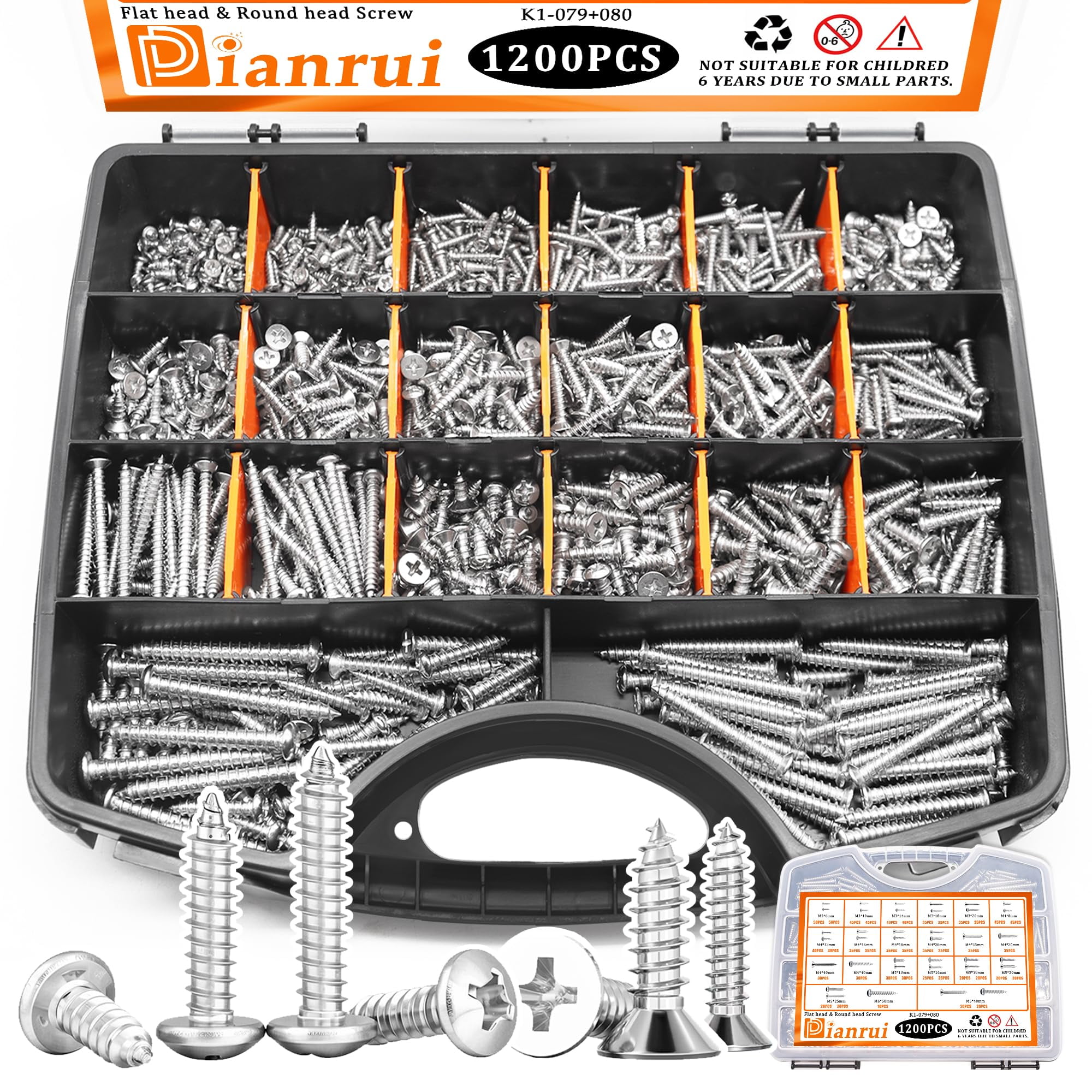 Dianrui 1200 PCS Wood Screws Assortment Kit, Assorted Stainless Steel ...