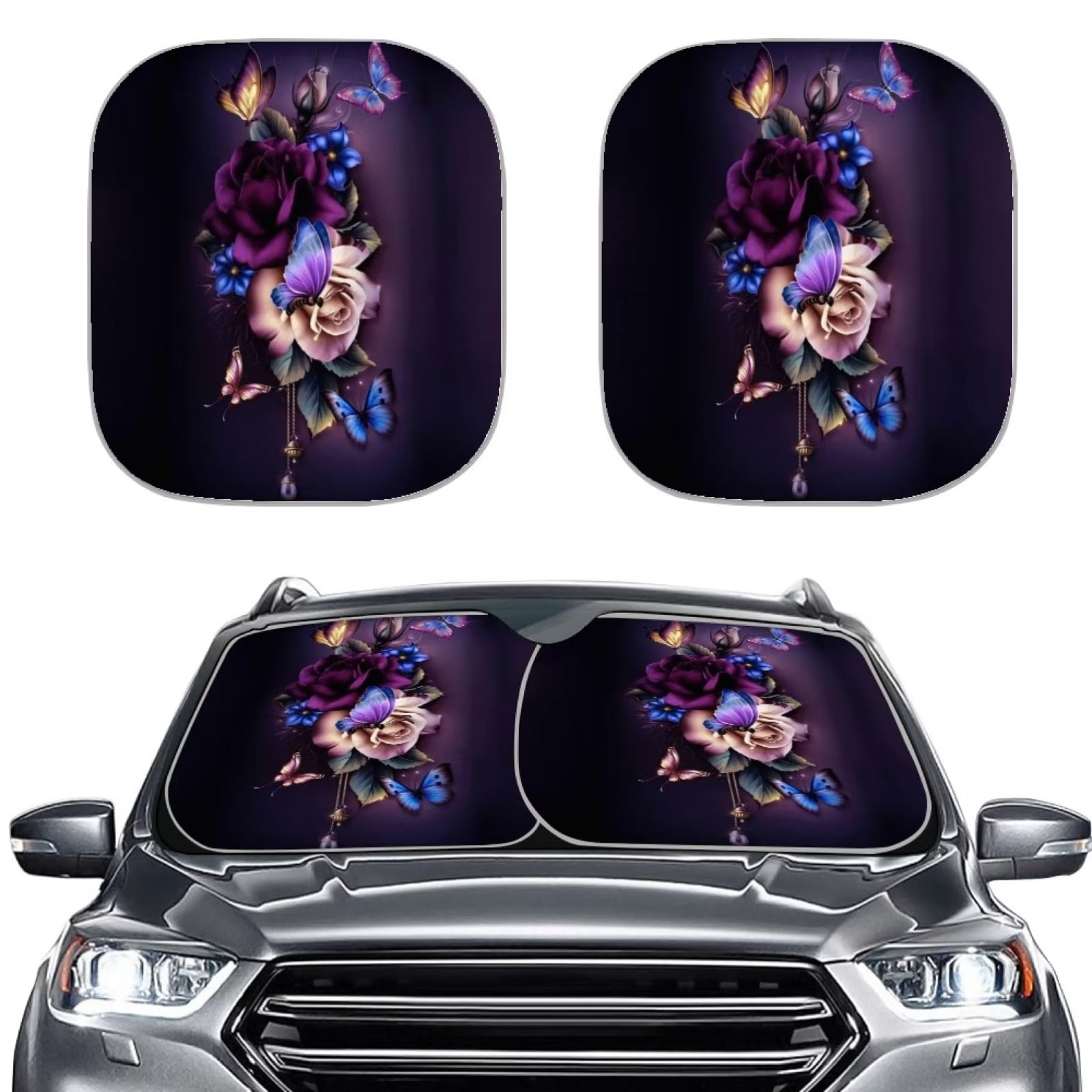 Diaonm 2PCS Rose Butterfly Design Front Window Sunshade Funny Sun Shade ...