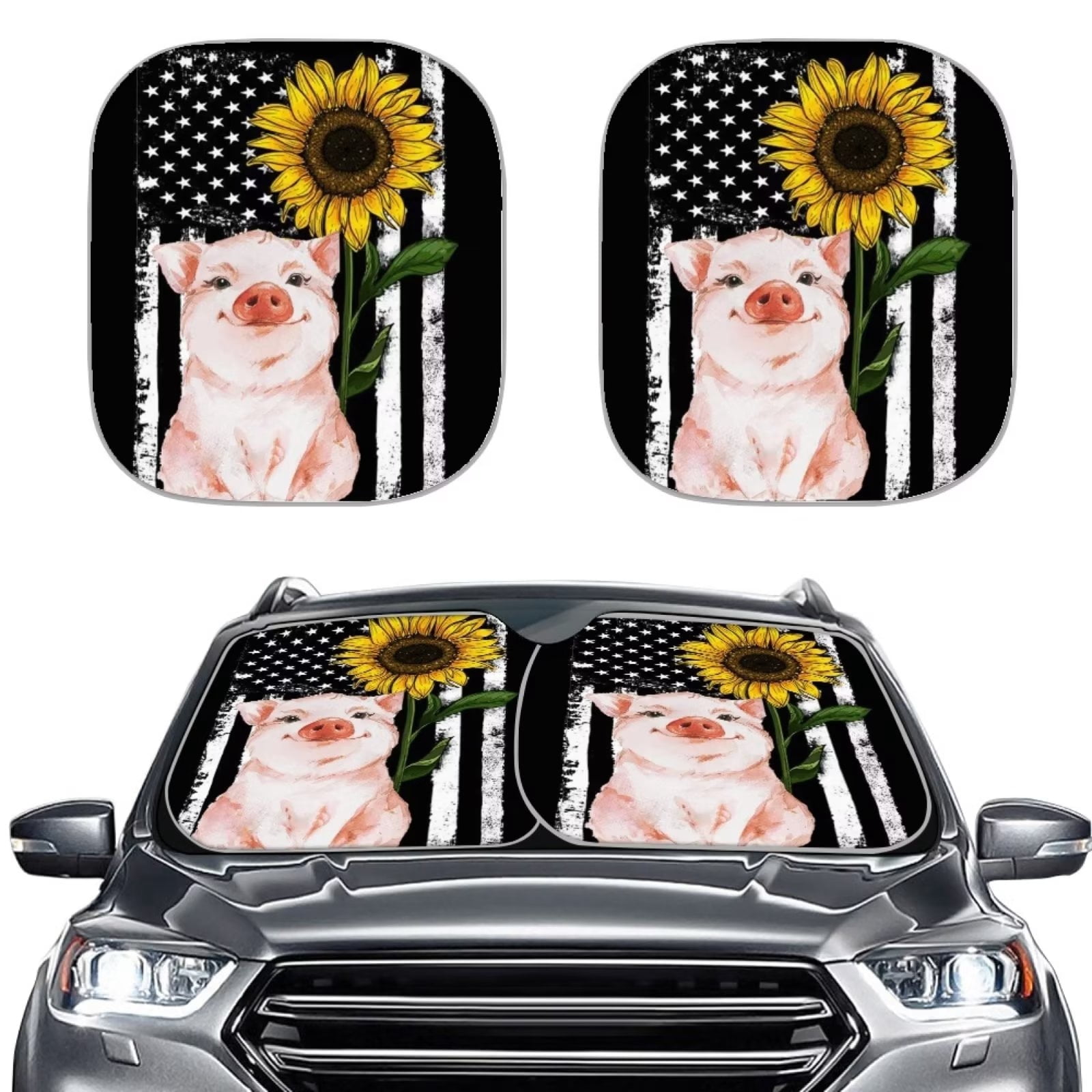 Diaonm American Flag Sunflower Pig Windshield Sunshade Waterproof Car ...