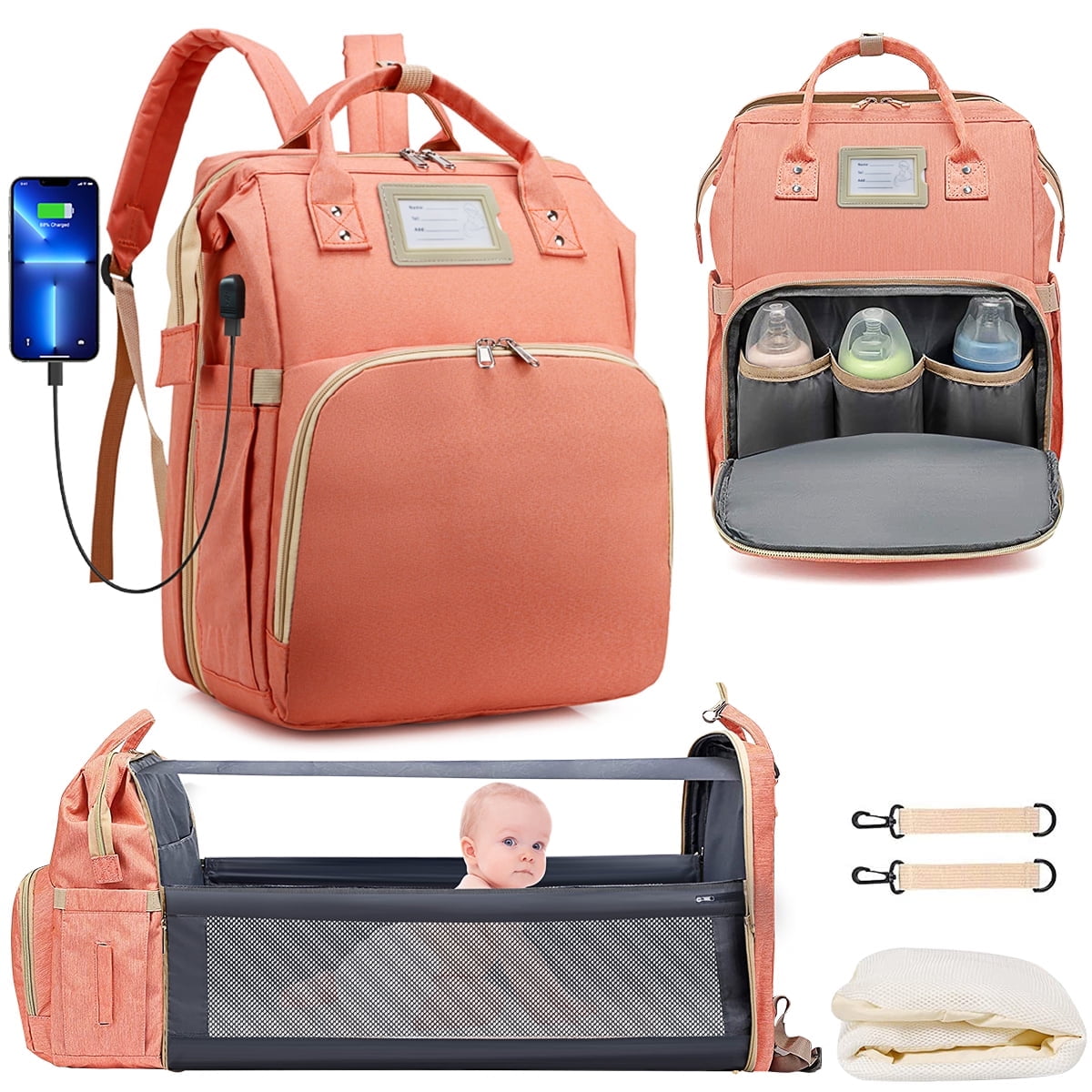 Diaper Bag Backpack with Foldable Crib, Large, Waterproof, USB Charger ...
