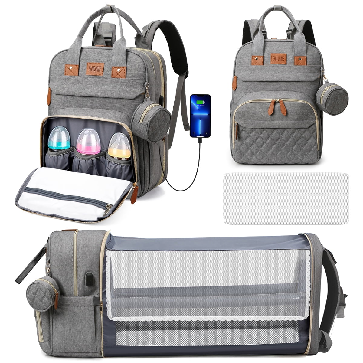 Diaper Bag Backpack with Changing Station, Foldable Crib, Waterproof ...