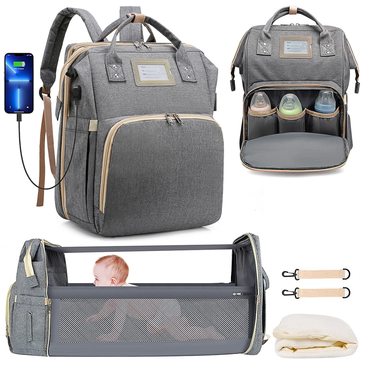 Diaper Bag Backpack, Multifunctional Baby Diaper Backpack with Foldable ...