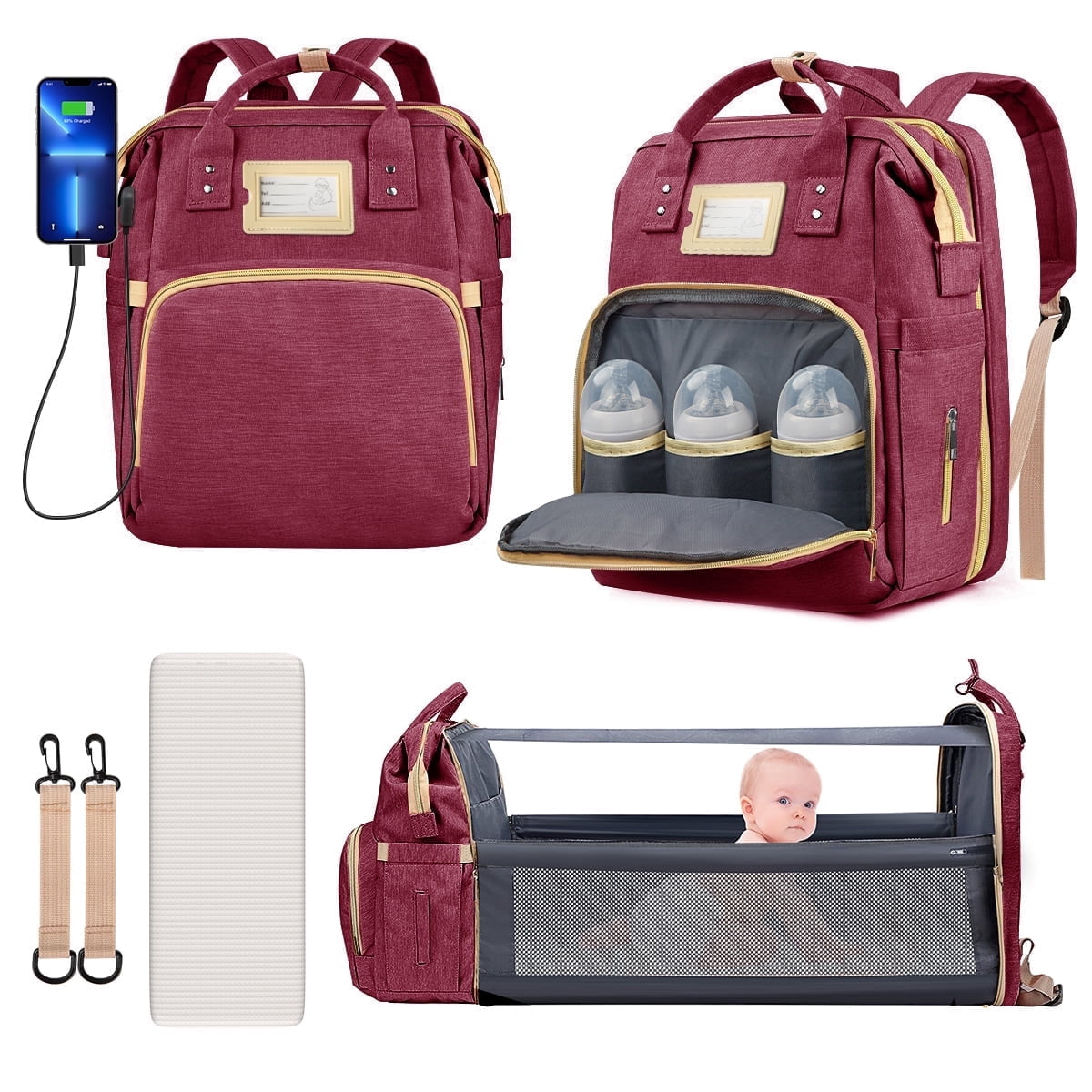"GPED Diaper Bag Backpack, Red, Large Capacity with USB Port, Foldable ...