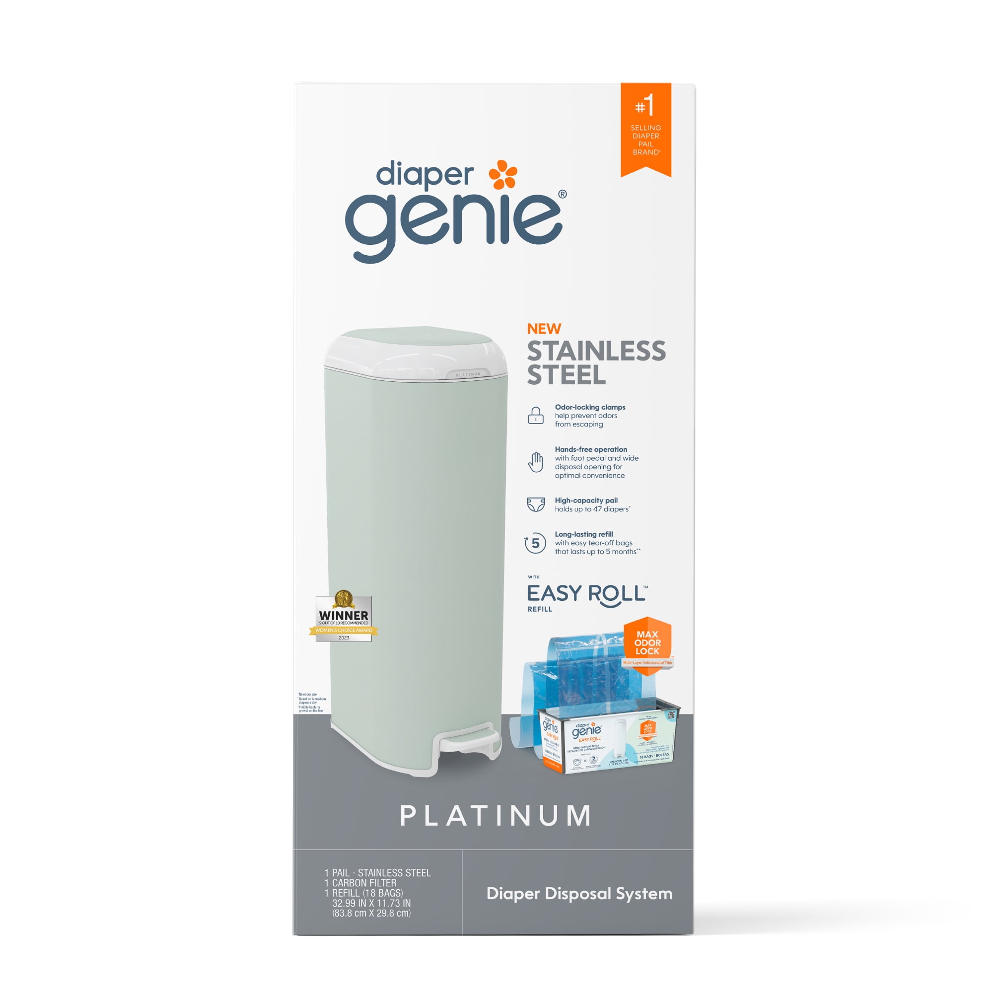 Diaper Genie Platinum Pail, Sage Green,Stainless Steel, 1 Diaper Pail,1 ...