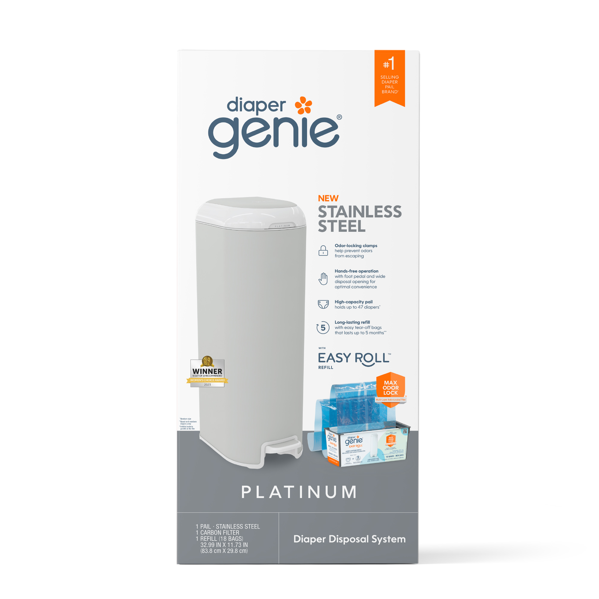 Diaper Genie Platinum Pail, Stainless Steel Diaper Pail, Includes 18 ...