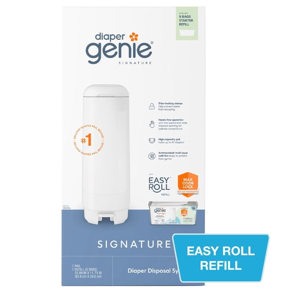 Diaper Genie Signature Pail, White, 1 Diaper Pail, 1 Easy Roll Refill 9 ...