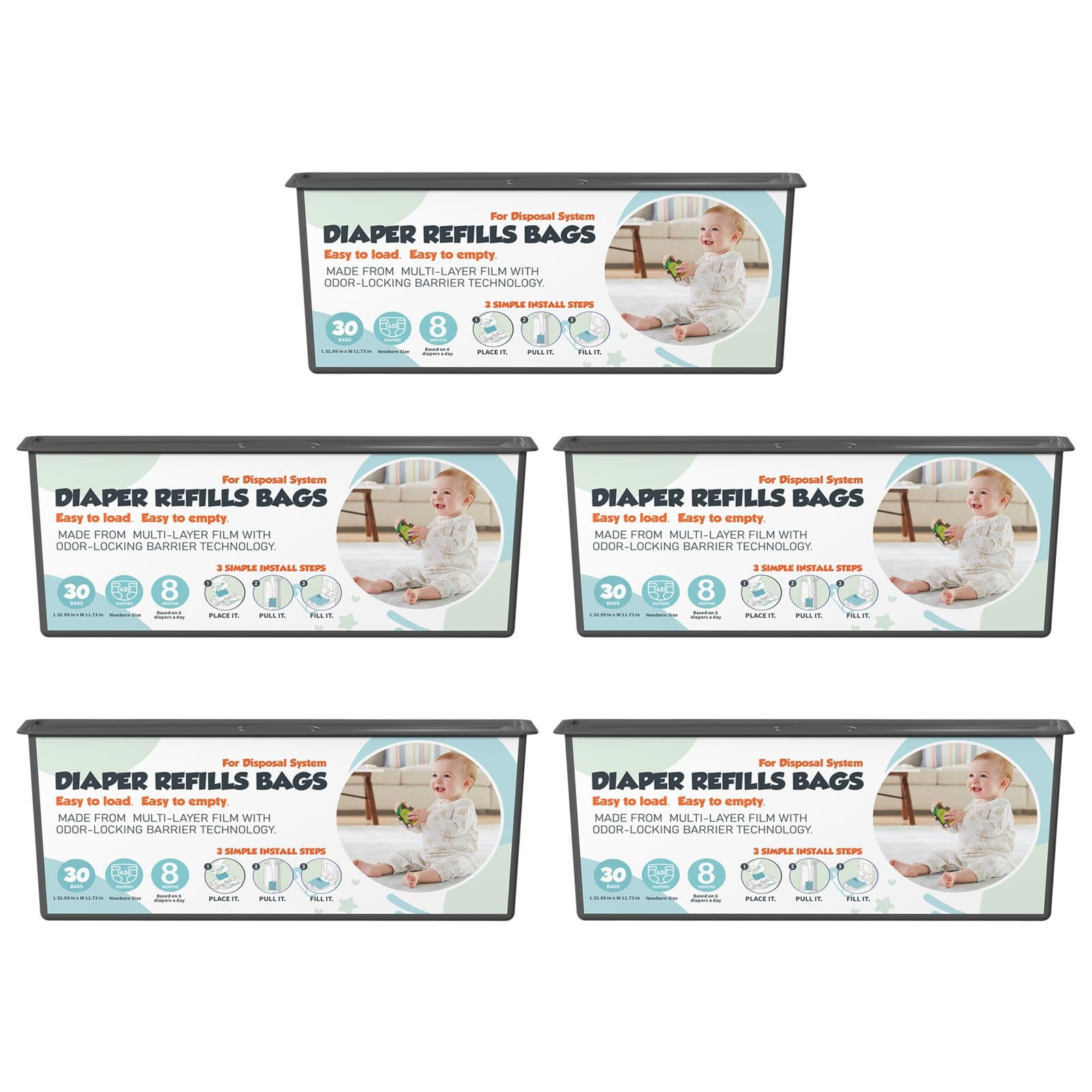 Diaper Pail Refills Bags MMF7 with 30 Bags Compatible with Genie Easy ...