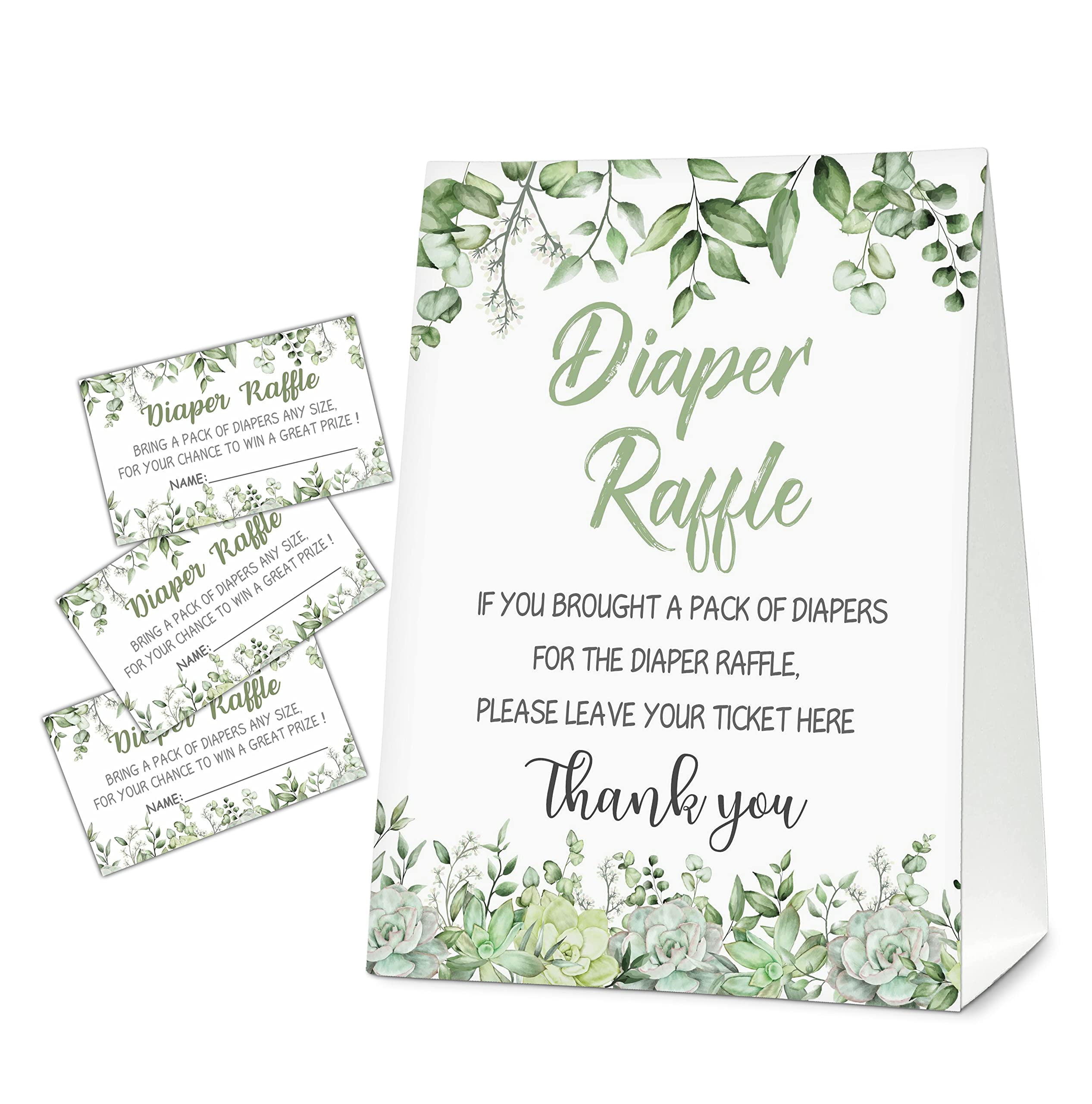 Diaper Raffle For Baby Shower, Greenery, Eucalyptus Cards, 1 Sign & 50 ...
