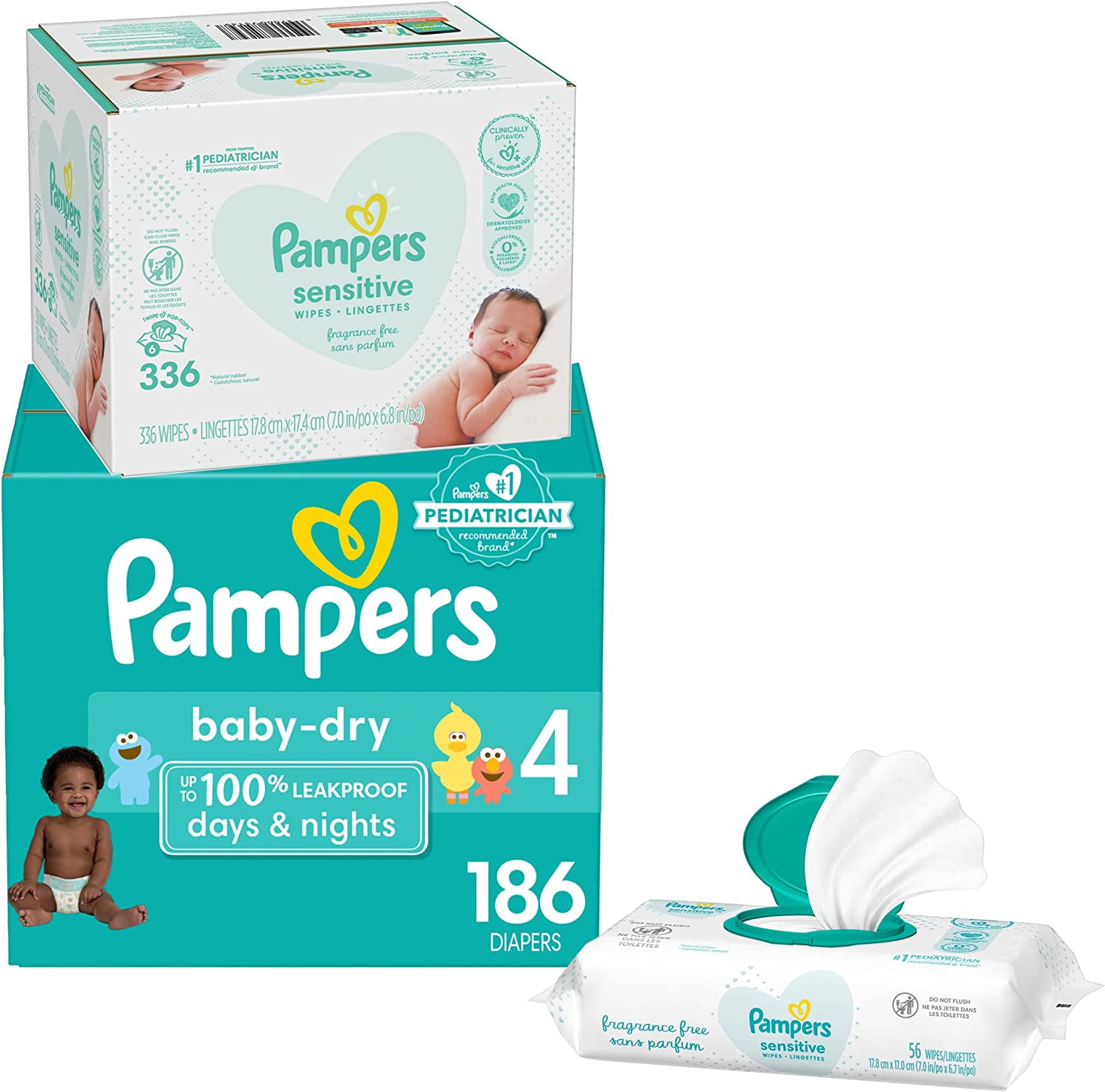 Diapers Size 4, 186 Count and Baby Wipes - Baby Dry Disposable Baby ...