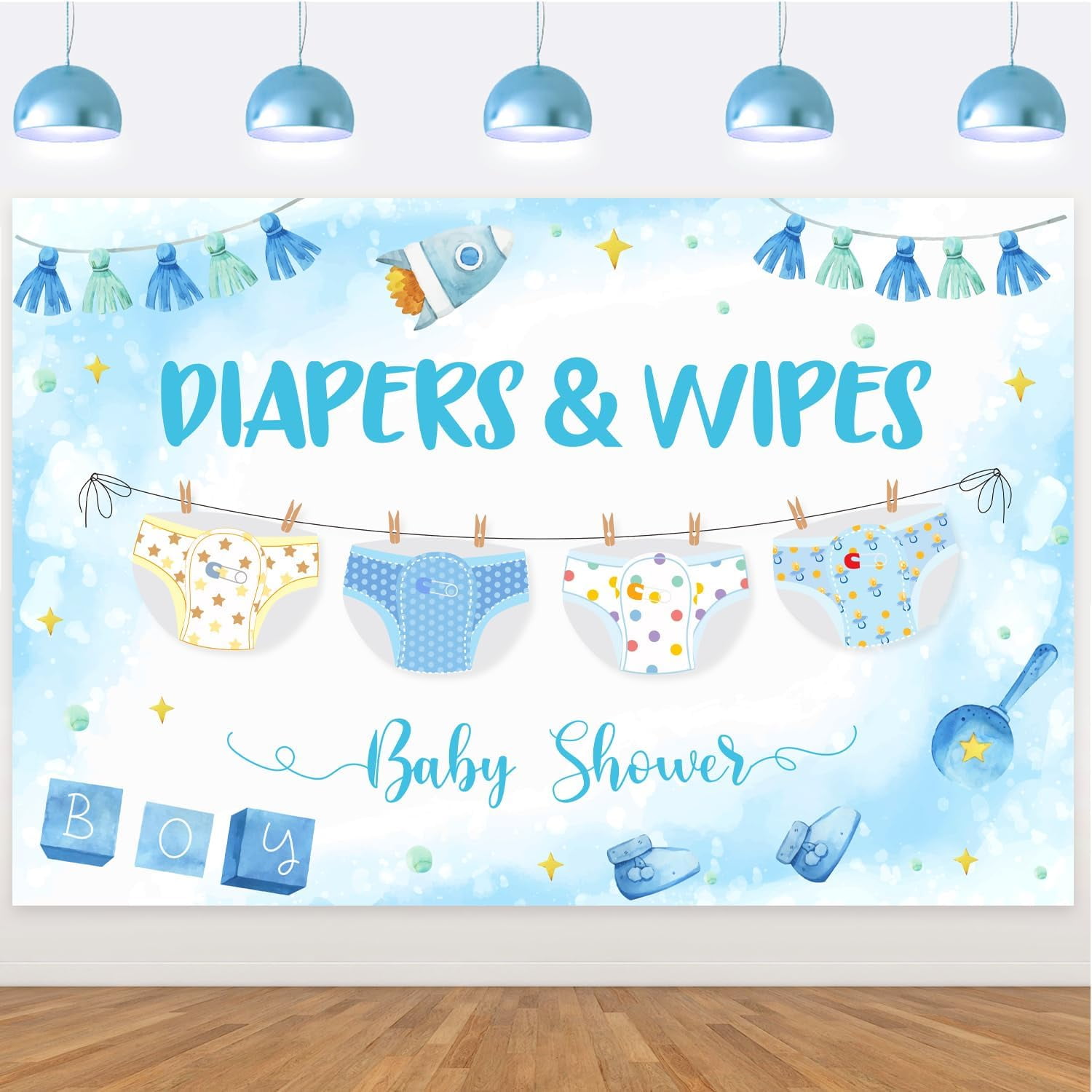 Diapers & Wipes Theme Backdrop Baby Shower Party Decorations Blue and ...