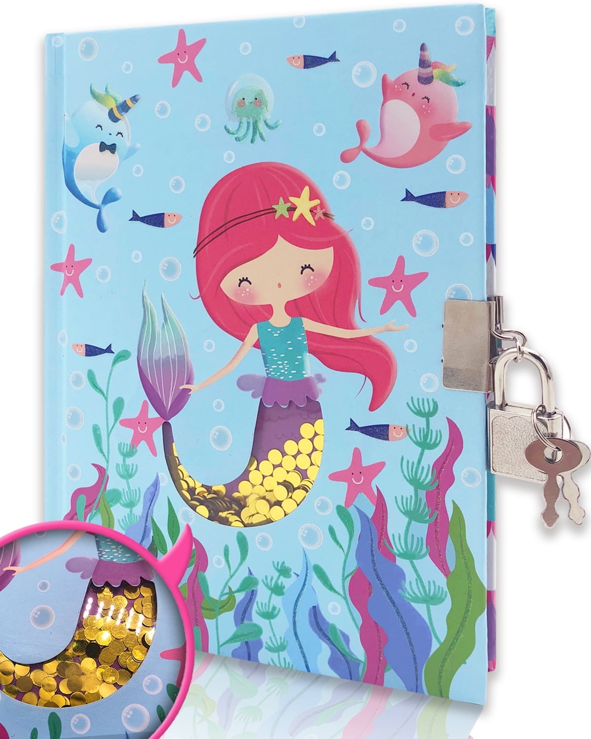 Blue Mermaid Sequin Diary with Lock for Girls, 7x5.5 Inch, 160 Lined ...