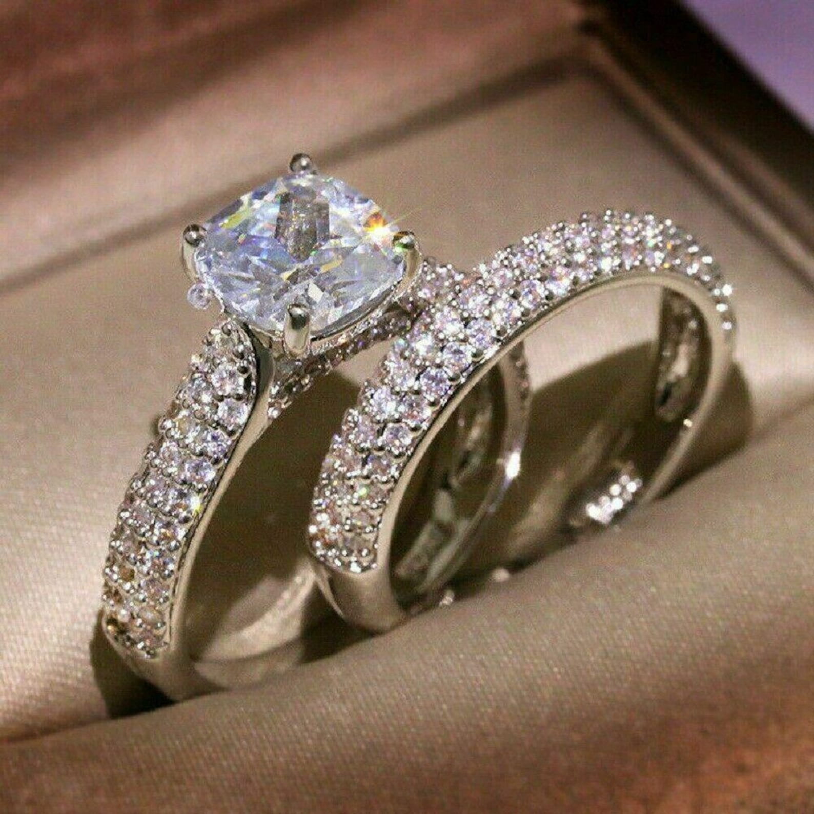 Diastar Jewels Cushion Cut CZ Engagement Band Ring Set For Women ...