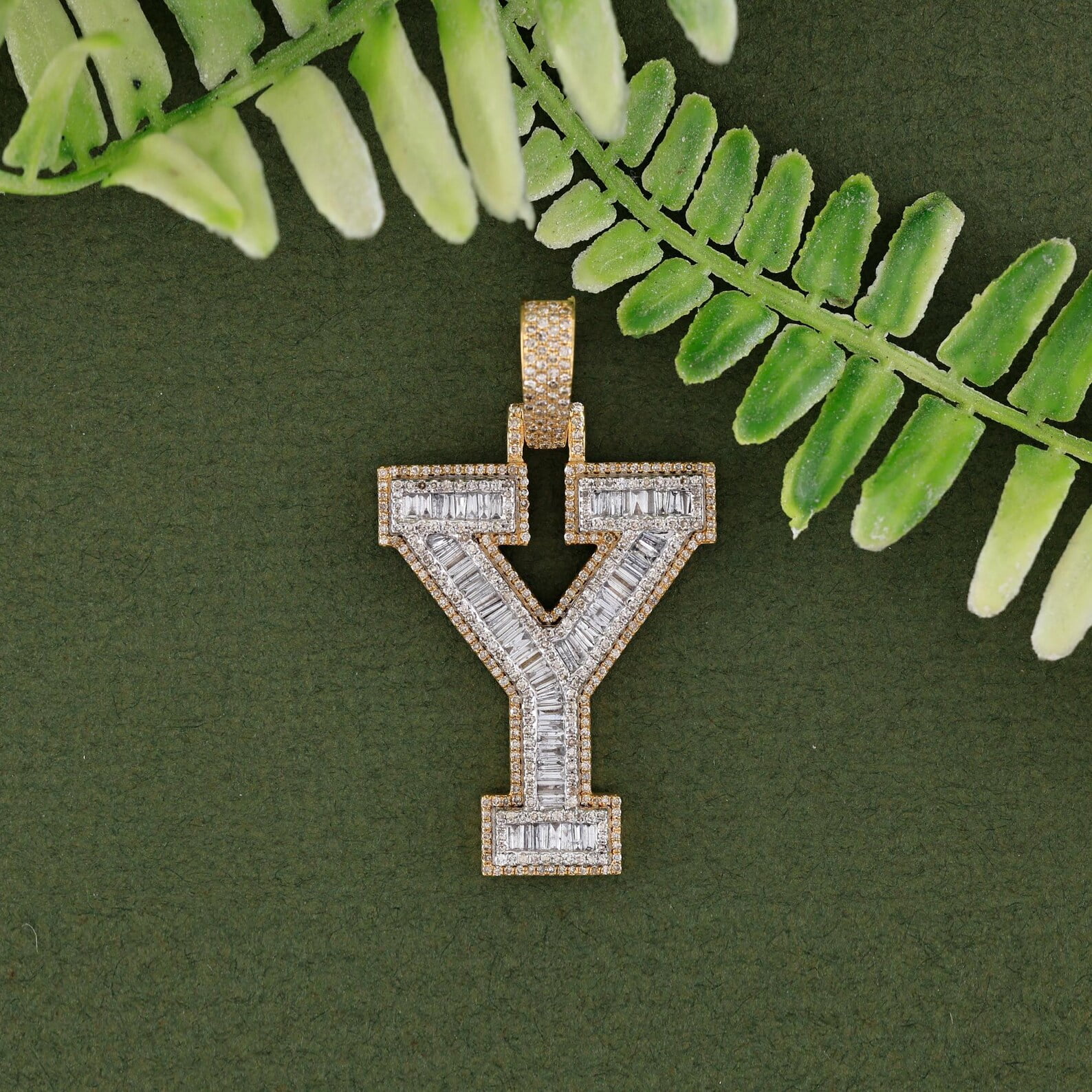 Diastar Jewels Men's Baguette & Round Cut CZ Initial Letter Y Pendant 14K Yellow & White Gold ...