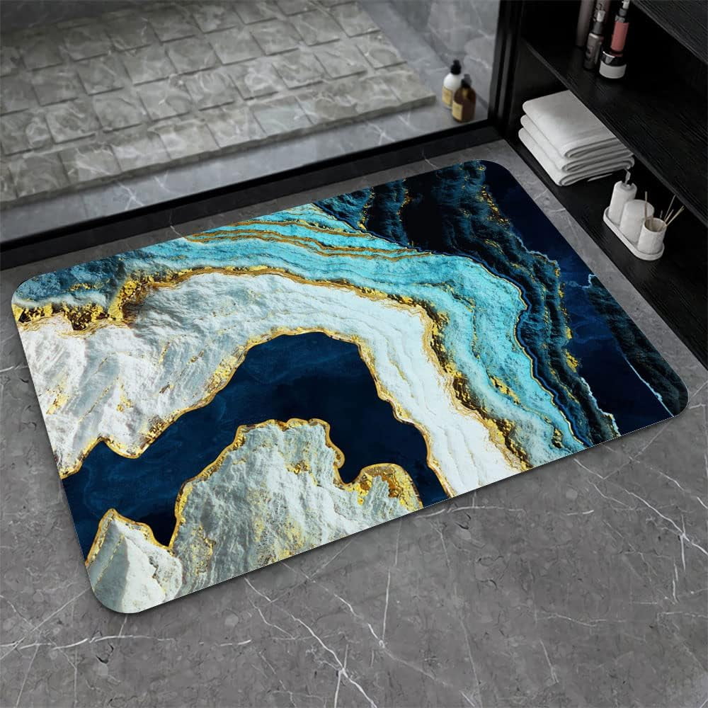 Diatomaceous Earth Bath Mat,Blue and White Gold line marbleSoft Wrinkle Free Bathroom Floor Rugs ...