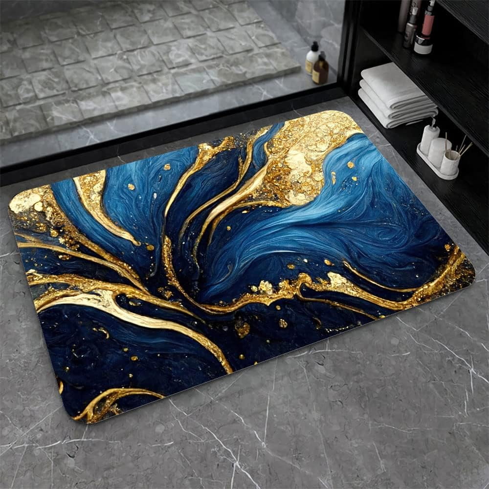 Diatomaceous Earth Bath Mat,Blue and Gold Stones Non-Slip Volume Super ...