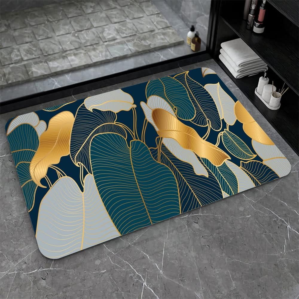 Diatomaceous Earth Bath Mat,Green Emerald Color Golden Split Leaf ...