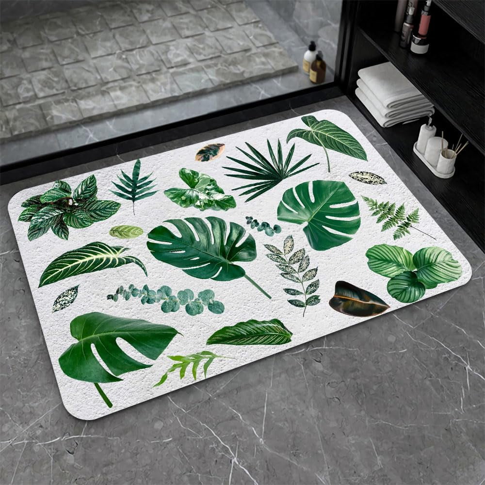 Diatomaceous Earth Bath Mat,Green Tropical Leaf Non-Slip Volume Super ...