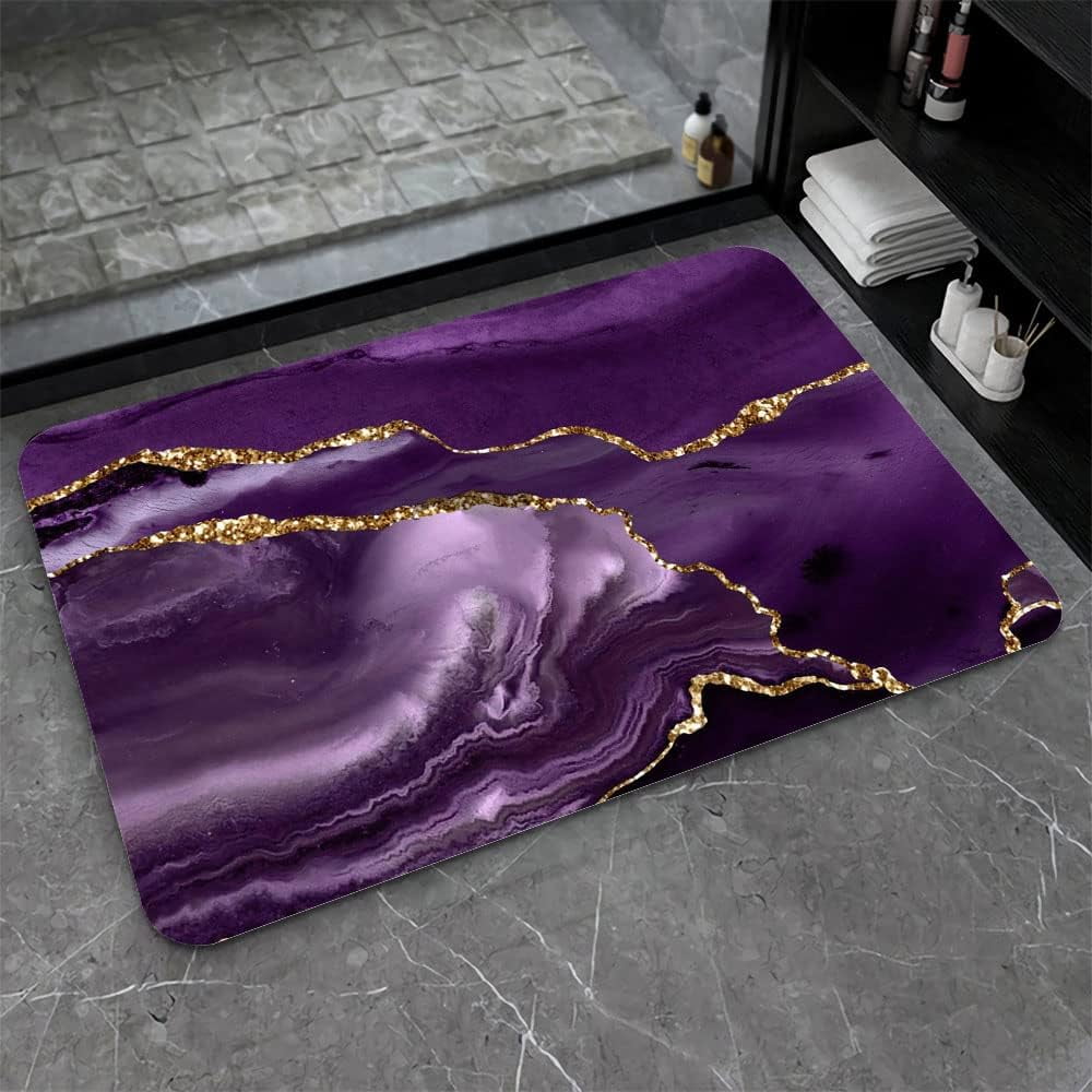 Diatomaceous Earth Bath Mat PurpleGold Marble Design Soft WrinkleFree ...