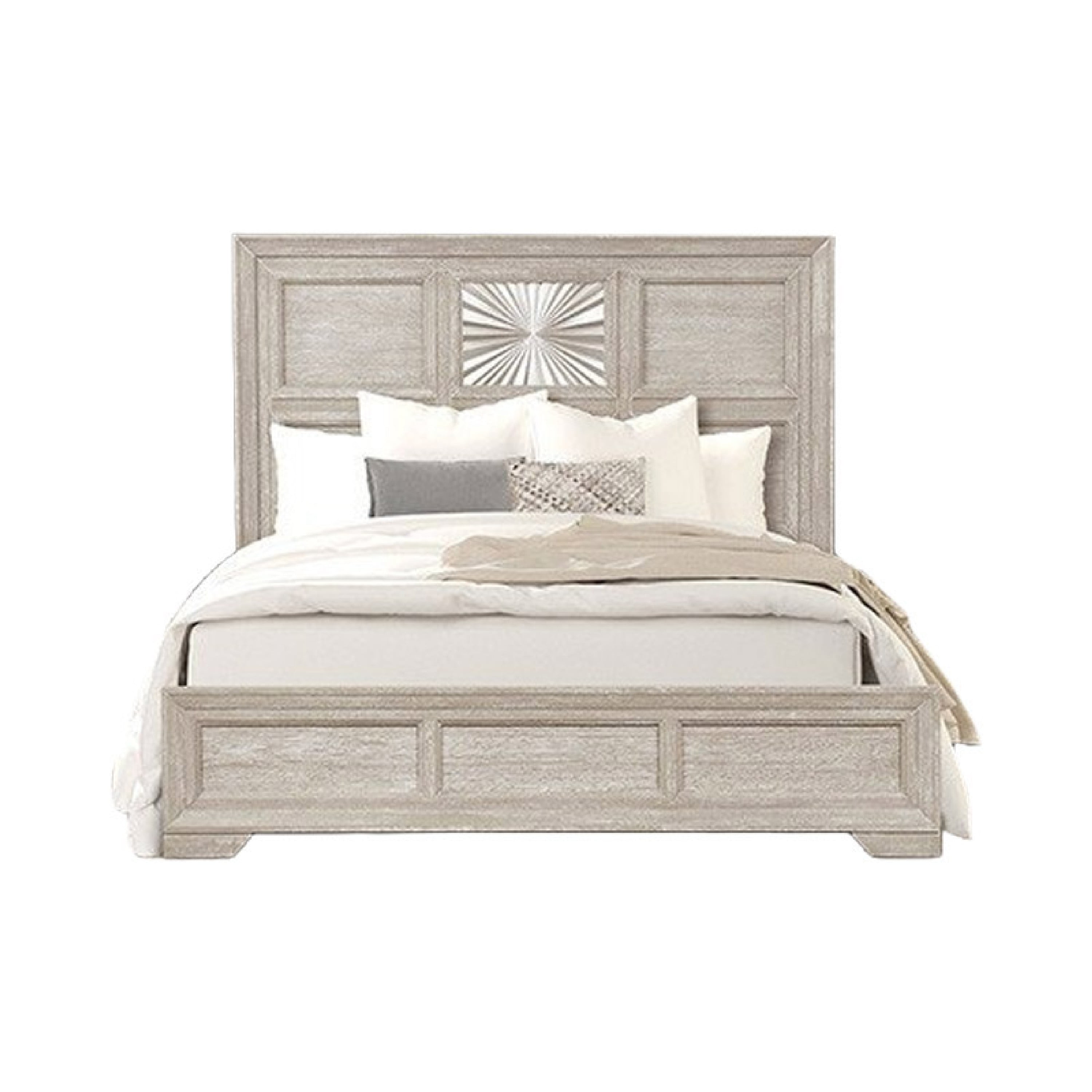 Diaz Queen Bed, Sunburst Pattern, Recessed Panel, Light Gray Wood ...