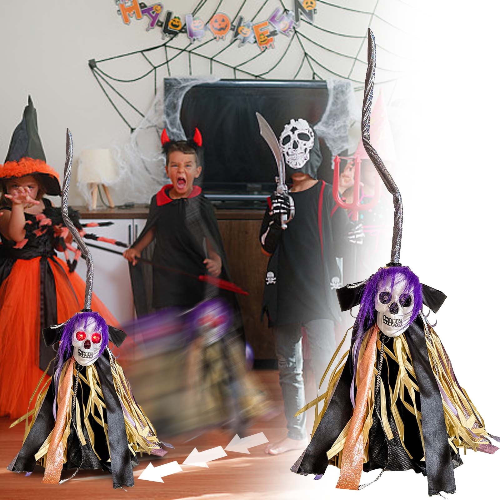 Diceymbol Automatic Walking Broom Decor Halloween Witch Flying Prop with Motion, Spooky Sounds ...