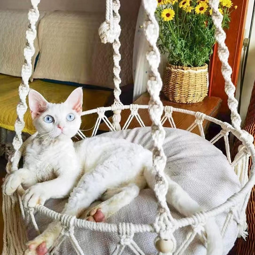 Diceymbol Handwoven Boho Hanging Bed for Cats Cotton Hammock with ...
