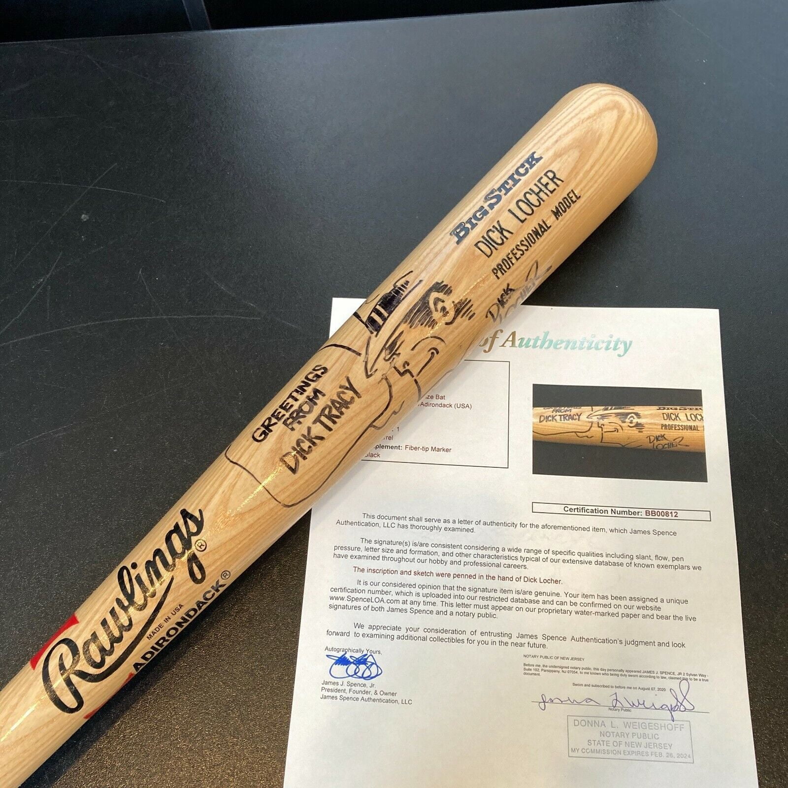 Dick Locher Signed Baseball Bat With Dick Tracy Hand Drawn Cartoon Art ...