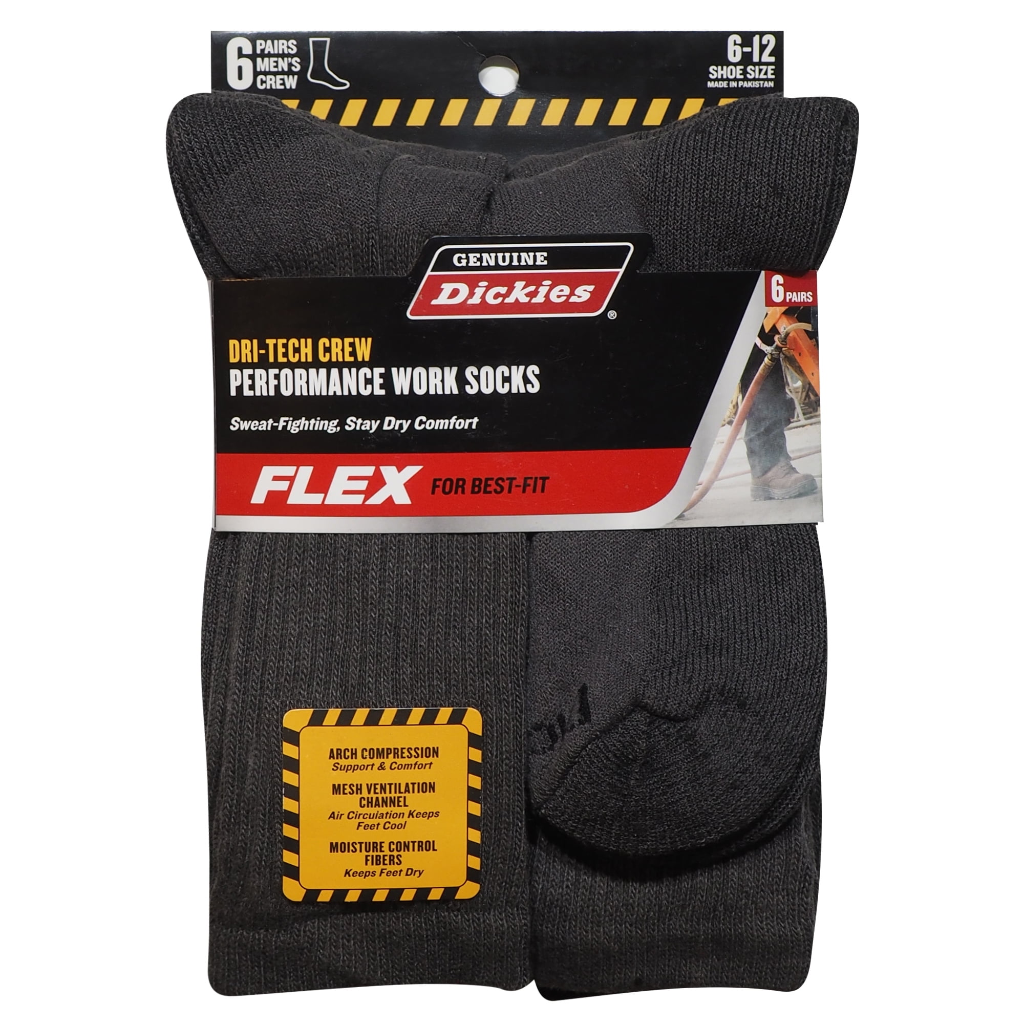 Genuine Dickies Men's Dri-Tech Performance Work Socks, 6-Pack with Arch ...