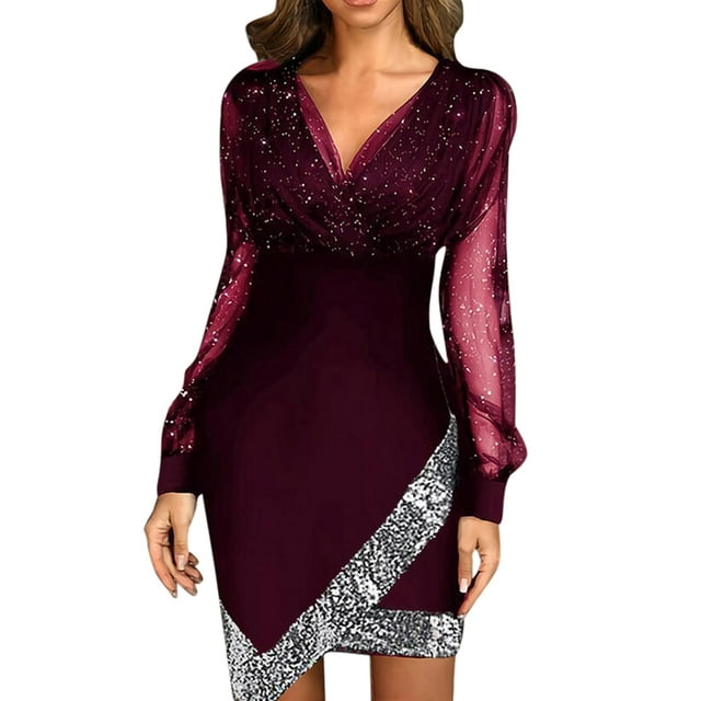 Diconna Women Sequin Mesh Patchwork Short Dress Sheer Long Sleeve Deep
