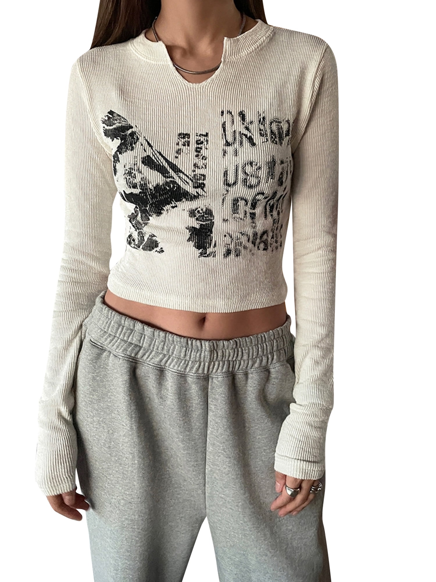 Diconna Womens Rhinestone Crop Top Y2K E-Girls 90s Long Sleeve Ribbed ...