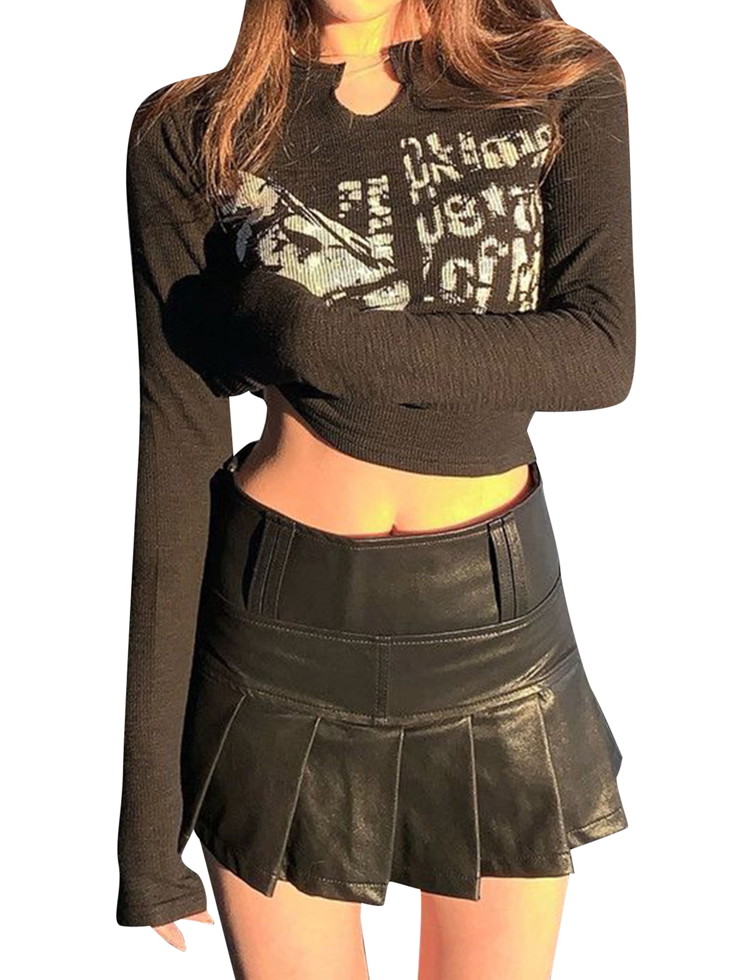 Diconna Womens Rhinestone Crop Top Y2K E-Girls 90s Long Sleeve Ribbed ...